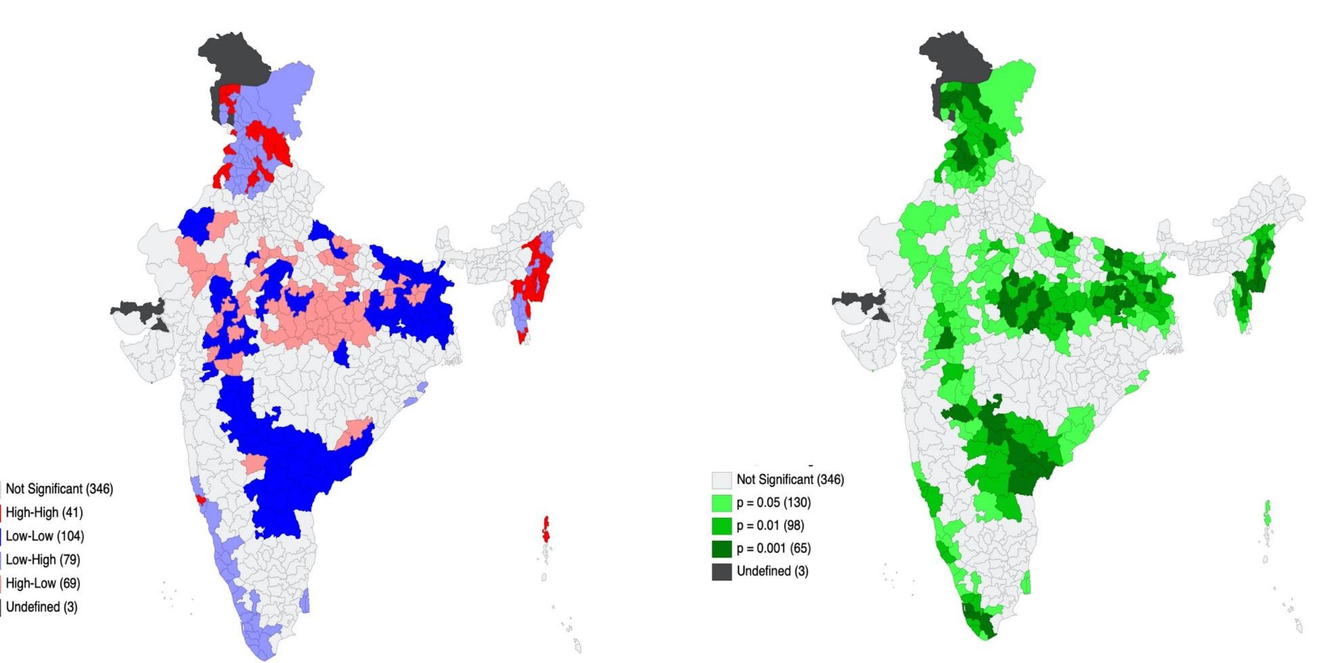 Bivariate lisa (cluster and significance) maps depicting