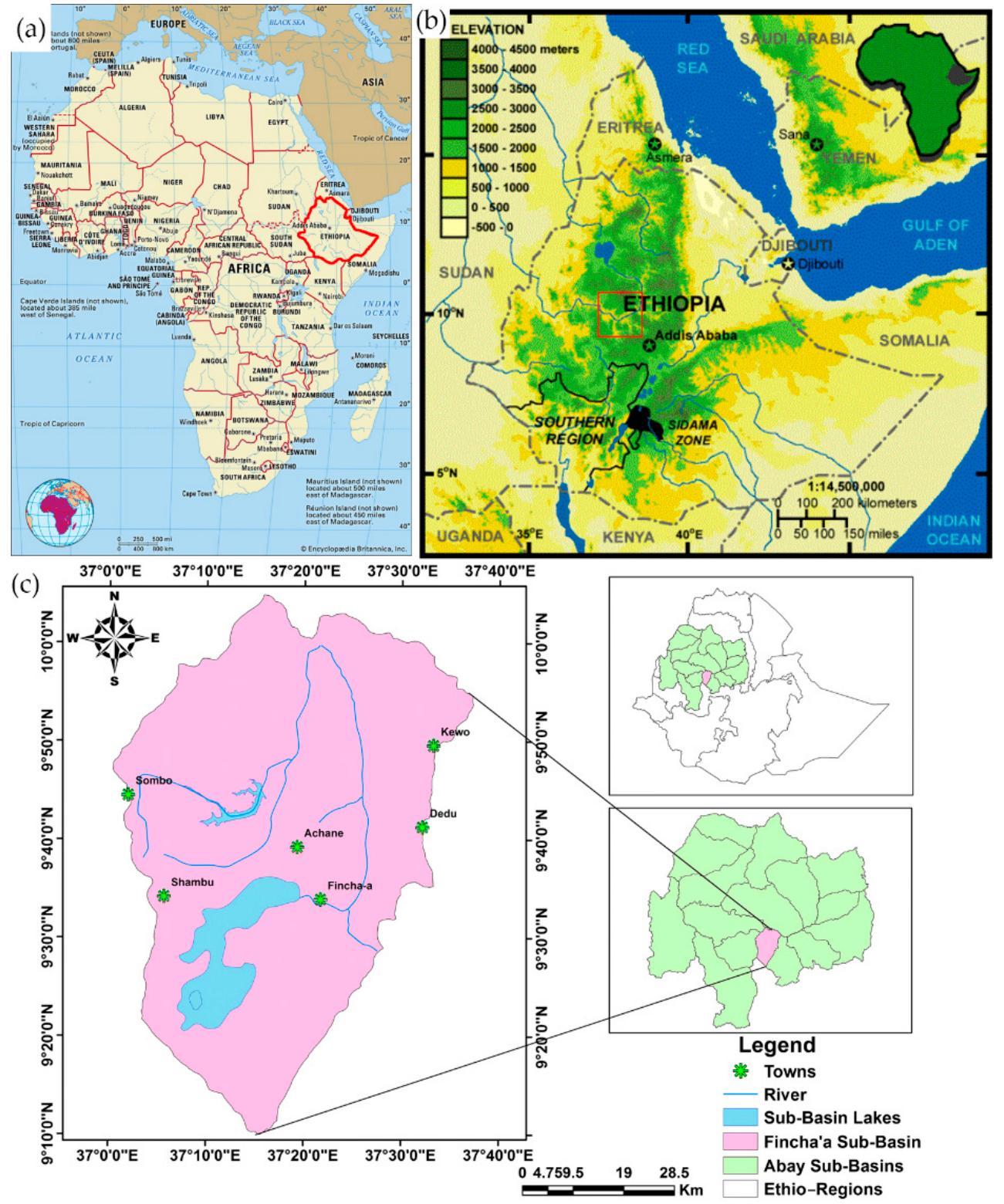 (a) map of africa; (b) map of ethiopia with ground