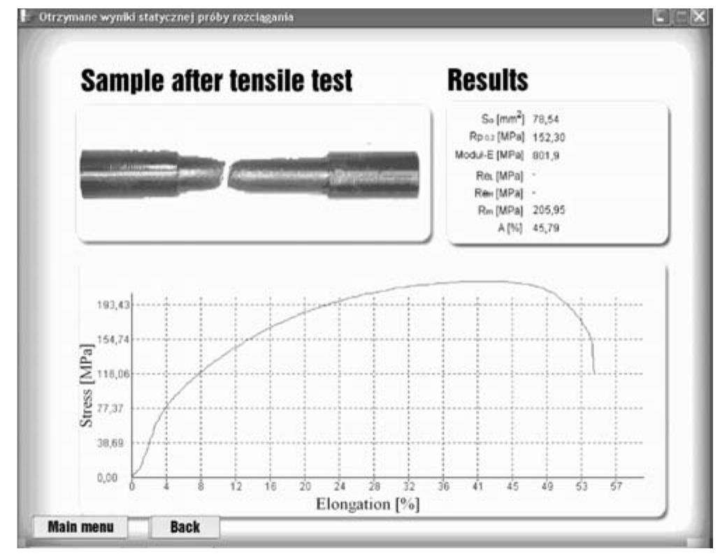 Tensile test results window the sample in machine during