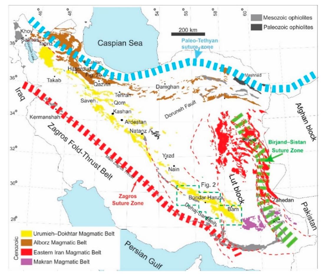 Map of iran showing the cenozoic igneous rocks of