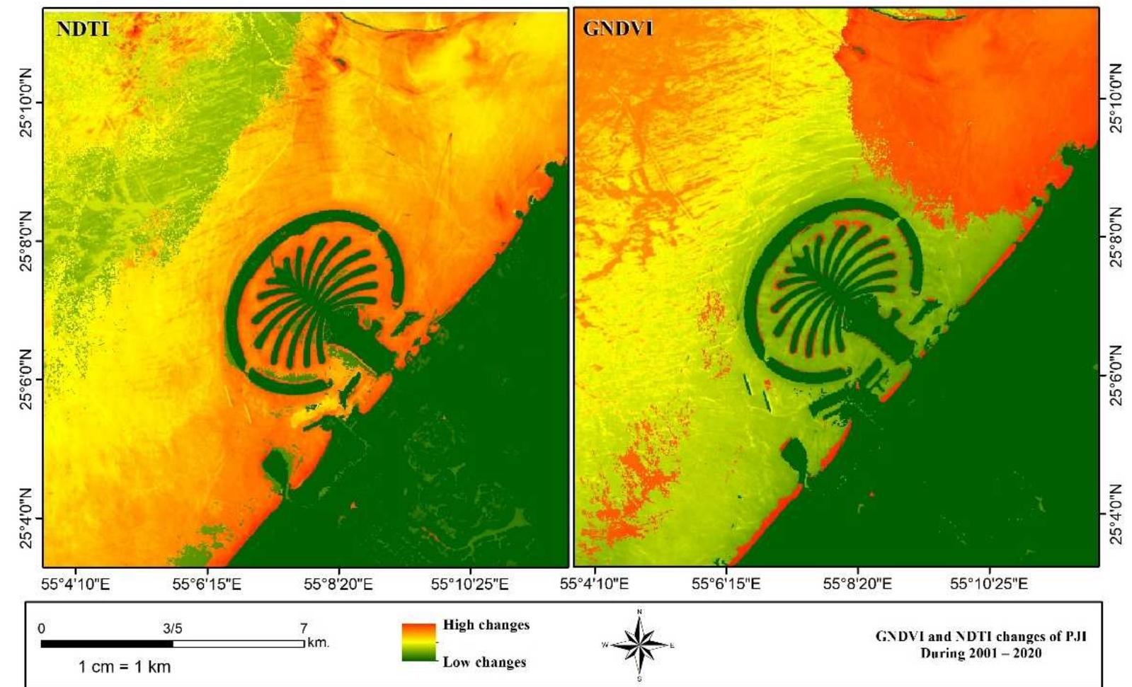 The gndvi and ndti change maps for pji’s surrounding water