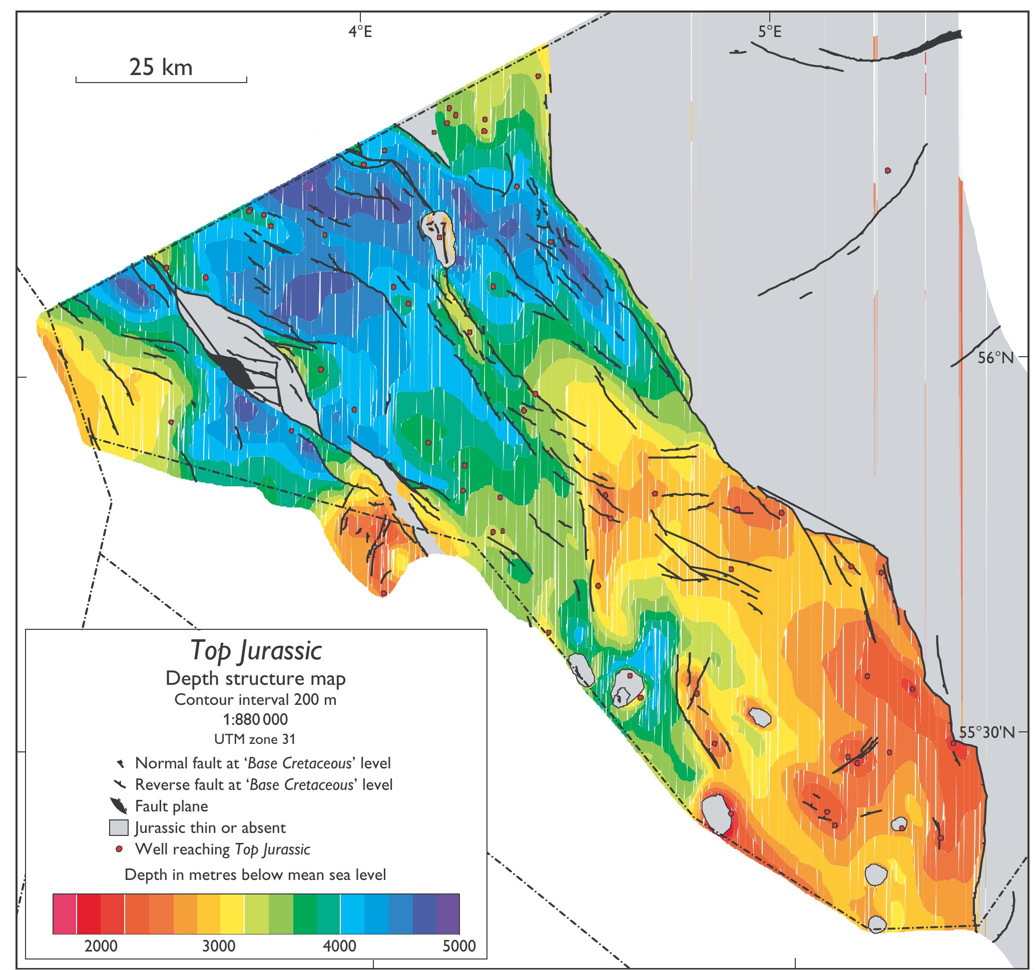 Top jurassic structural depth map showing depth to the top