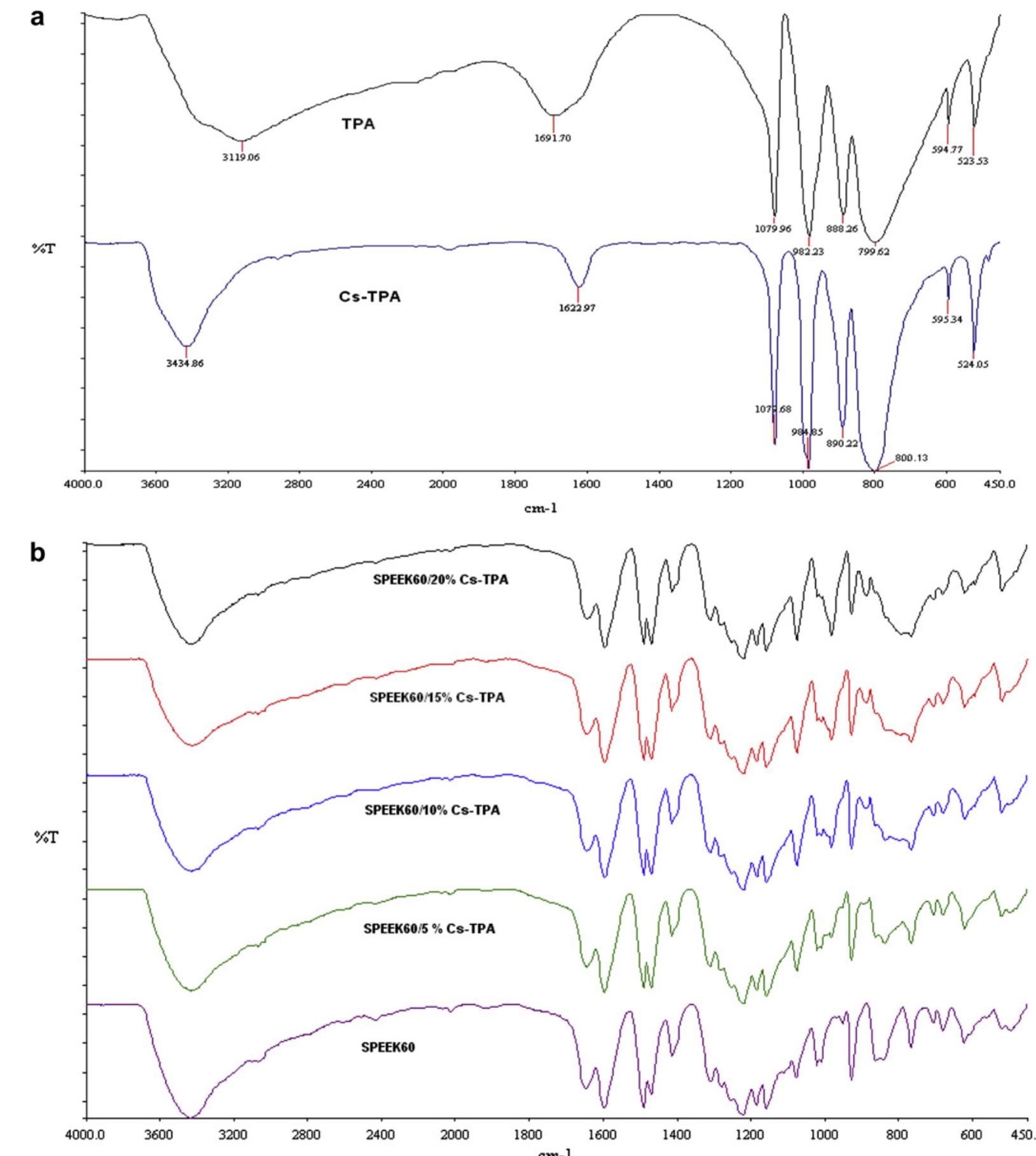 ir spectra of pure tpa and cs-tpa samples a) and