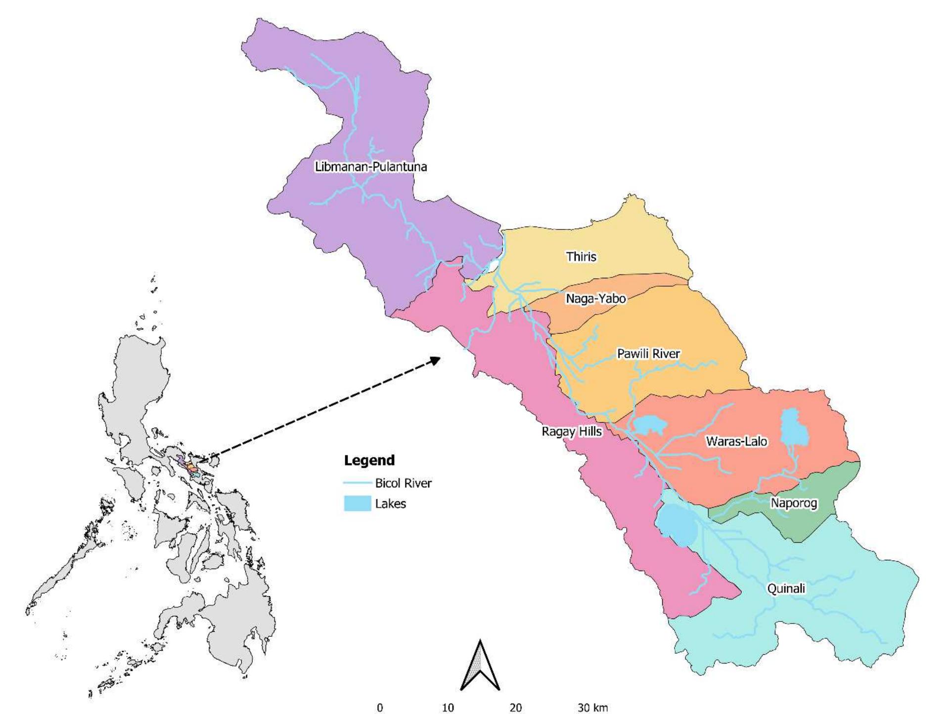 The bicol river basin area showing the eight major