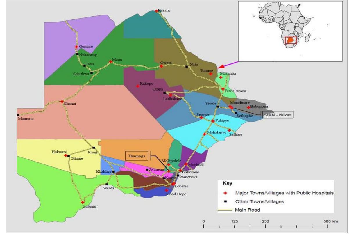 Map of botswana showing public hospitals for health