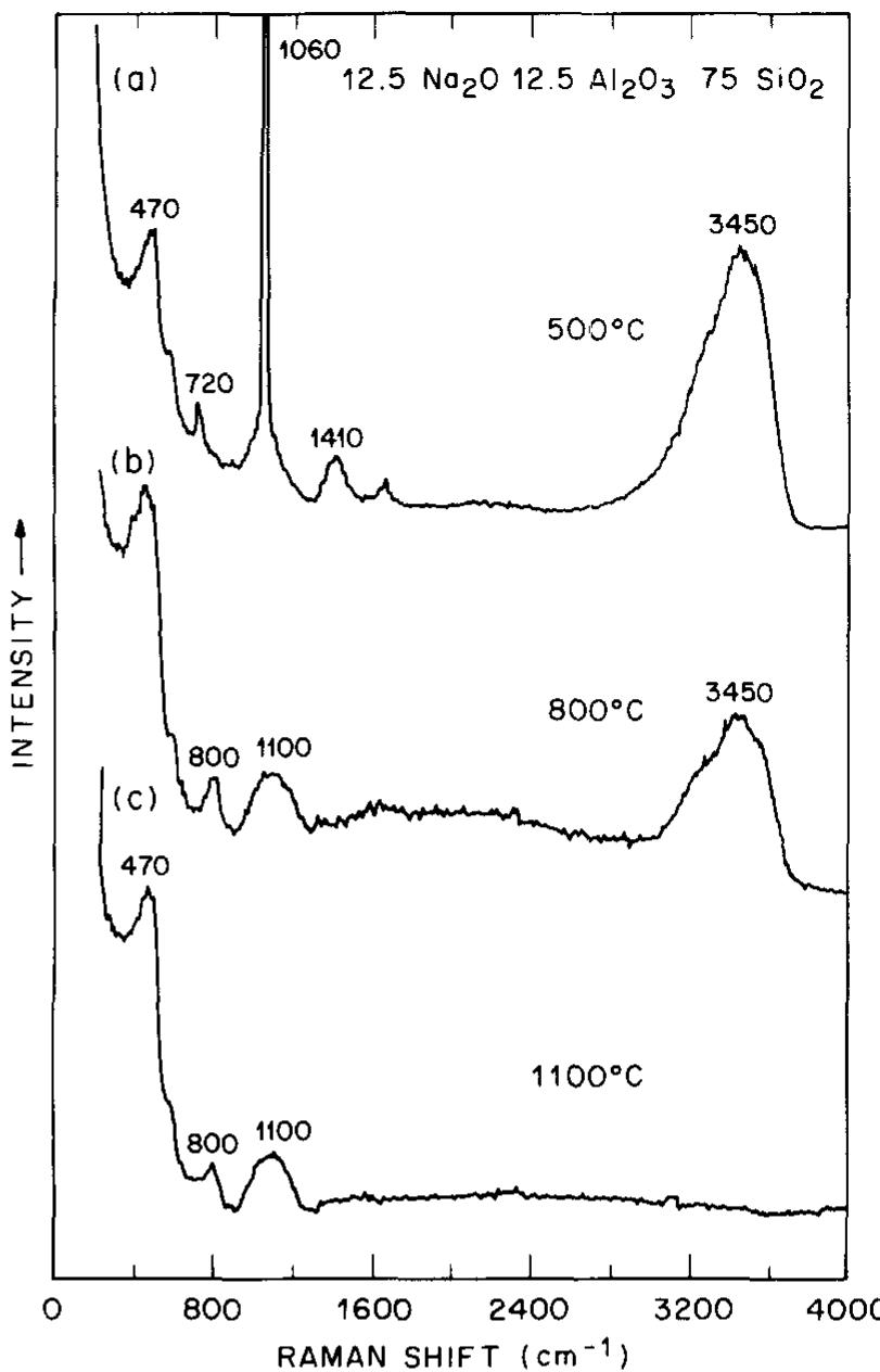 Raman spectra of albite gels sintered at (a) 500°c, (b) 800°