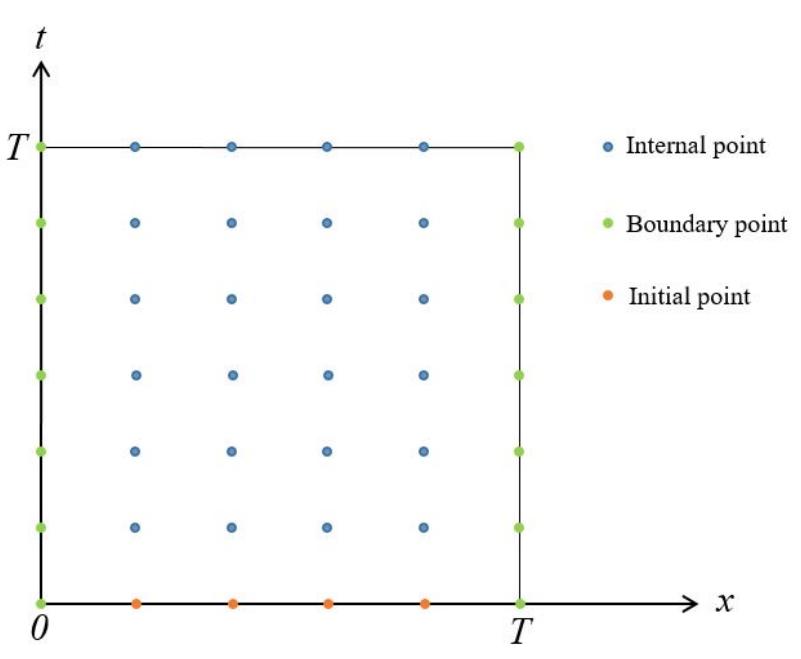 Example of internal, boundary and initial points of m = 6 x
