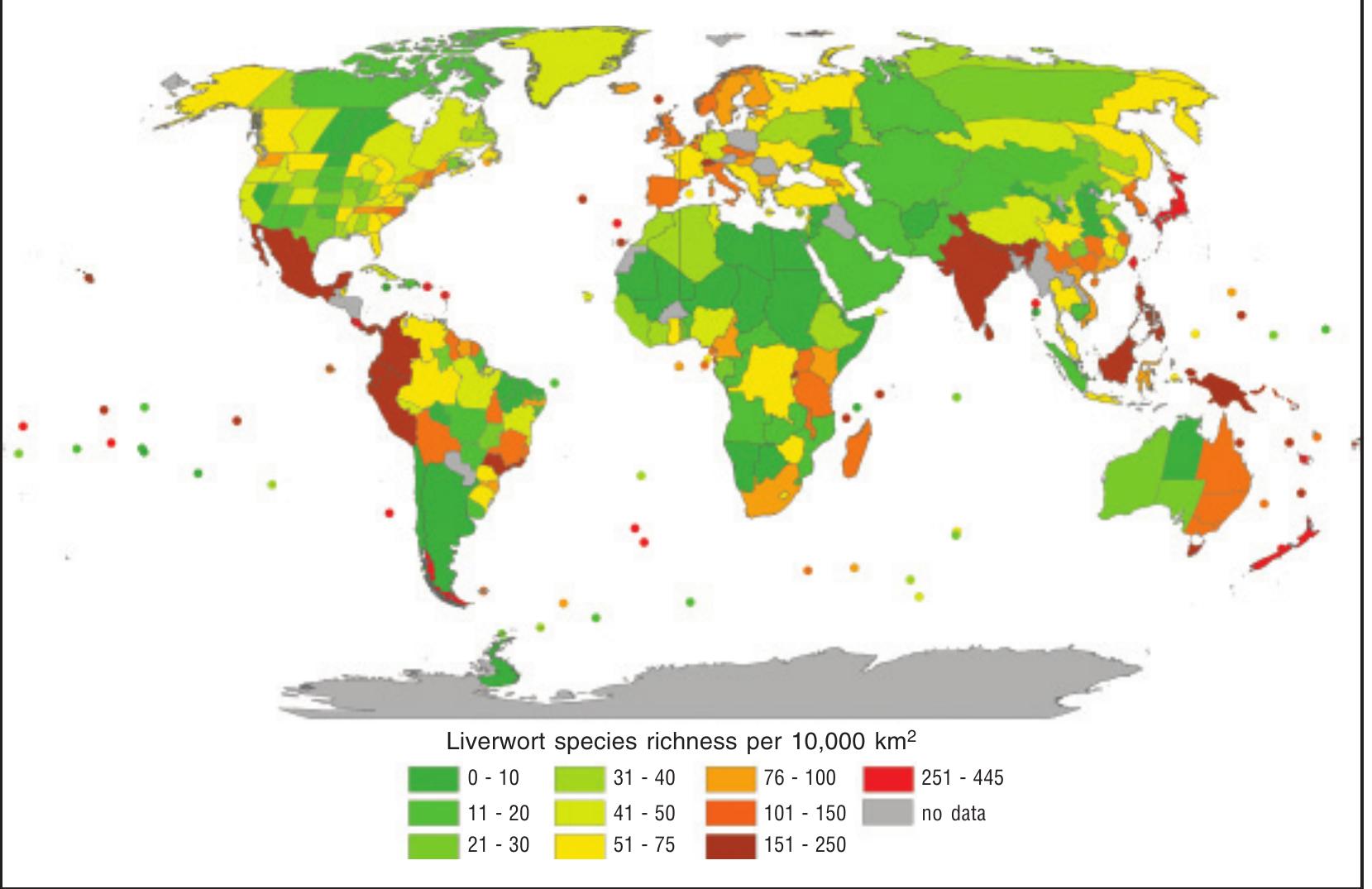 World map of species richness of liverworts based on a