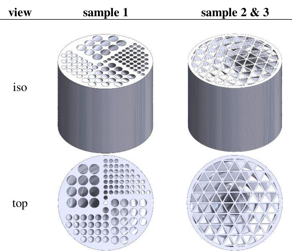 Iso- and top-view of the tested samples as a first step, it