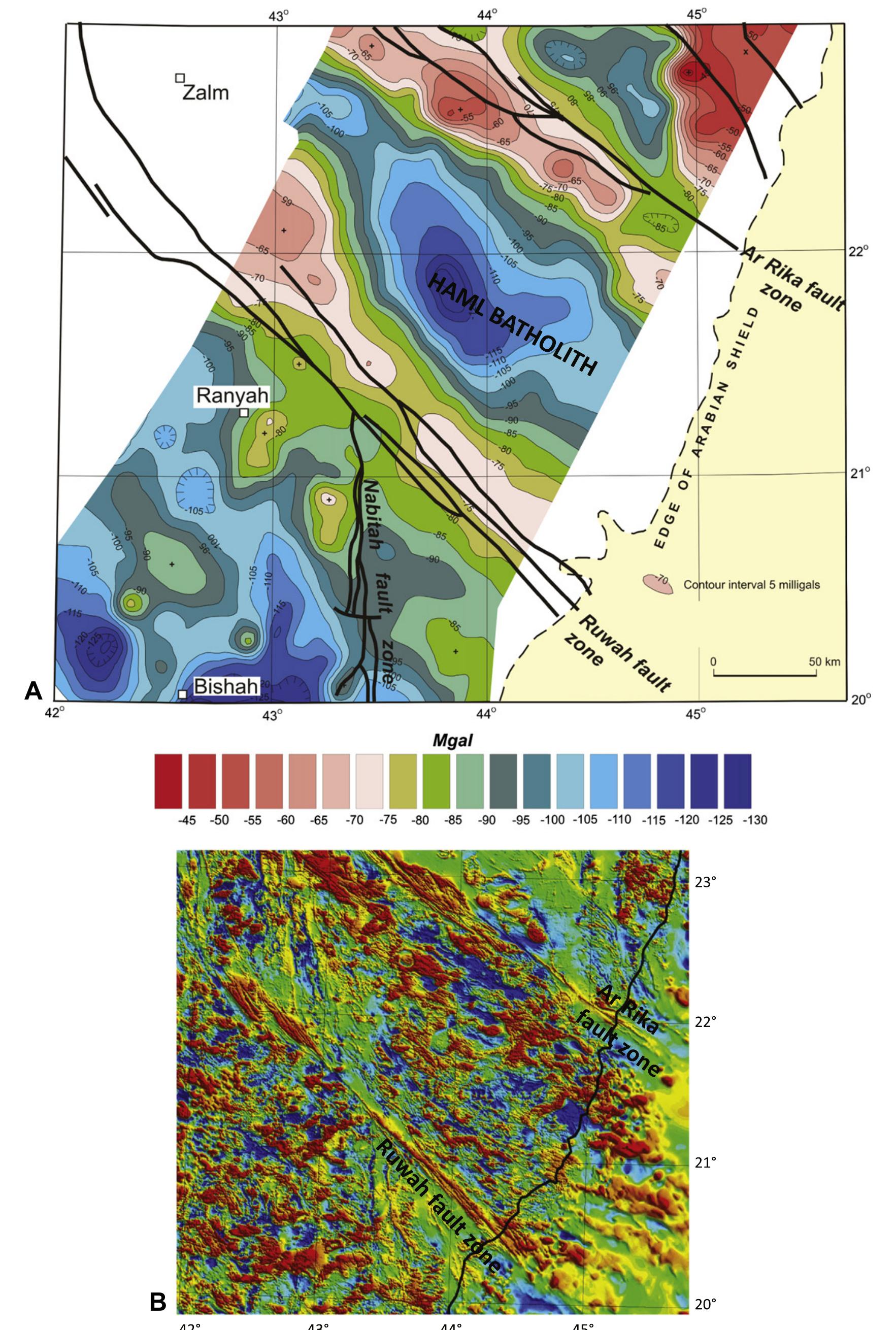 Bouguer gravity (a) and aeromagnetic-anomaly maps (rtp) (b)