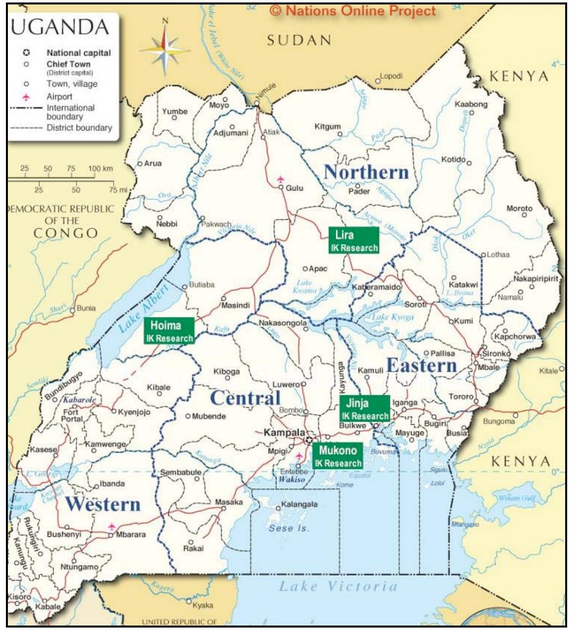 Map of uganda -showing the location of mukono, lira, jinja