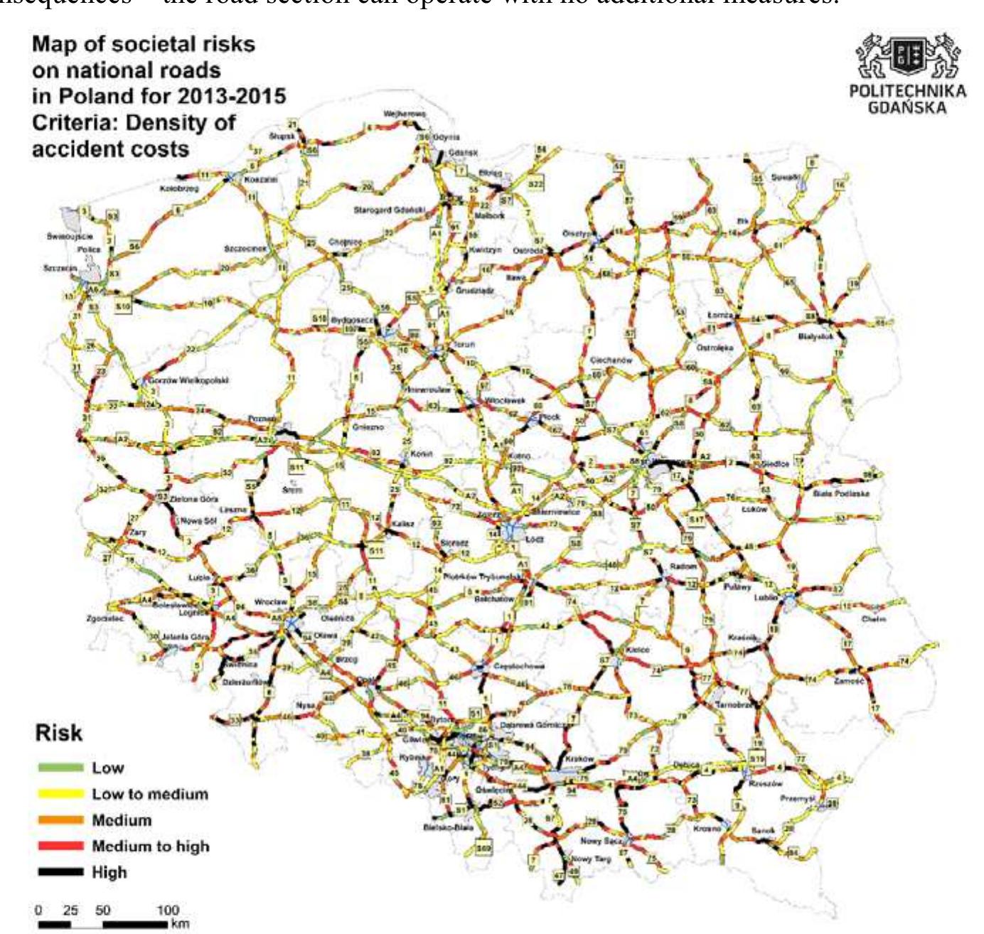 Map of sections of national roads, societal risk, accident