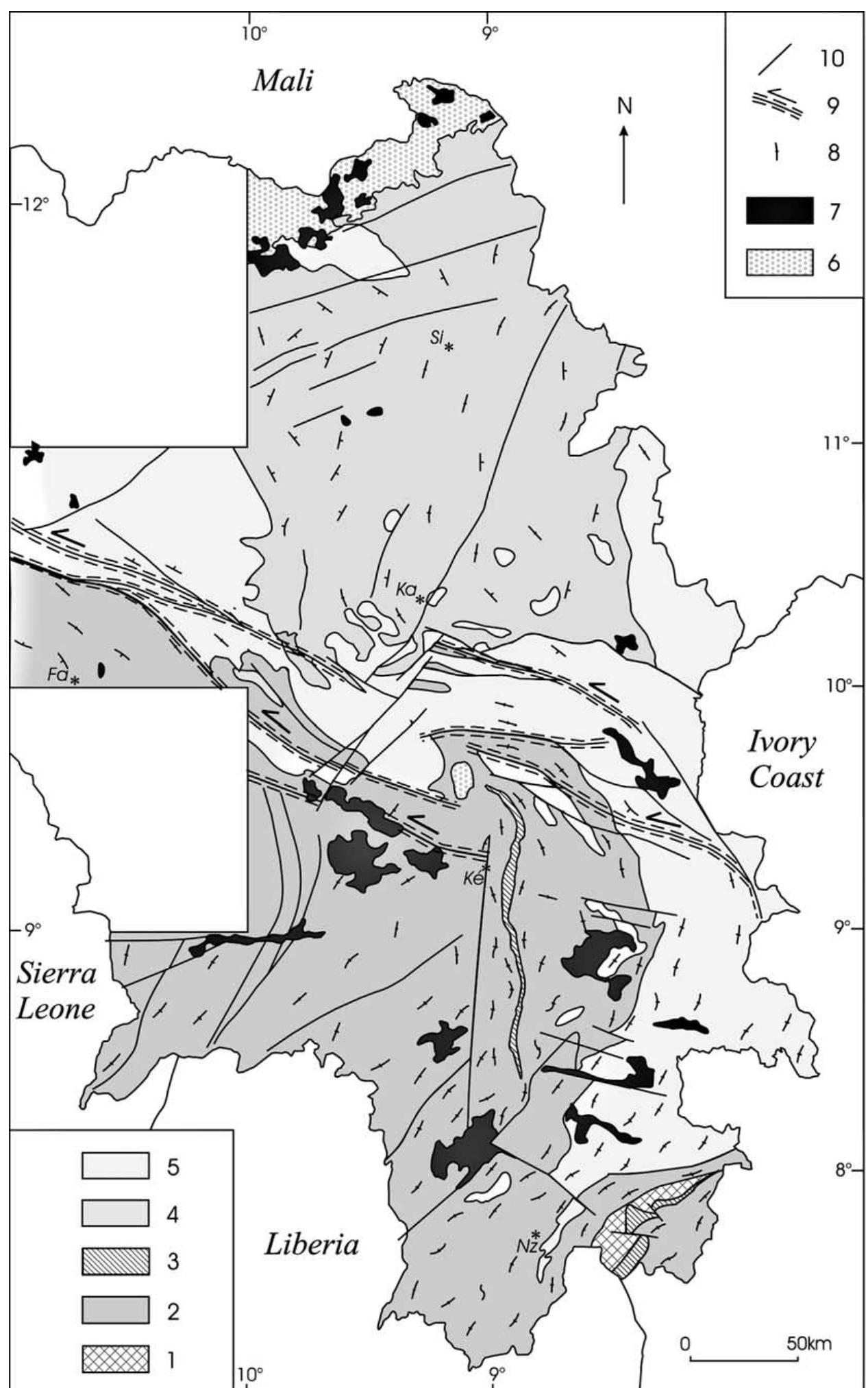 Simplified geological and structural map of eastern guinea.