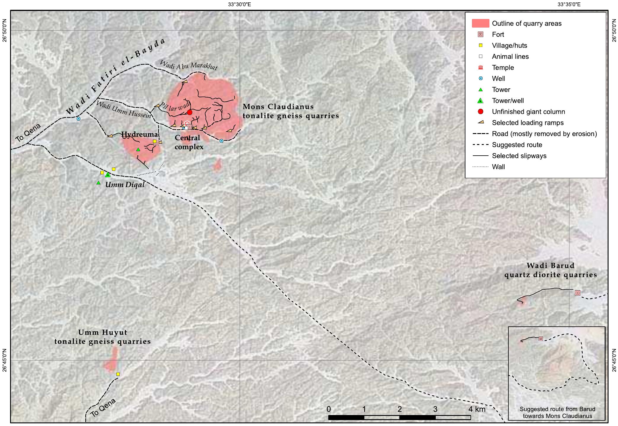 Map of the mons claudianus tonalite gneiss quarry (h18,