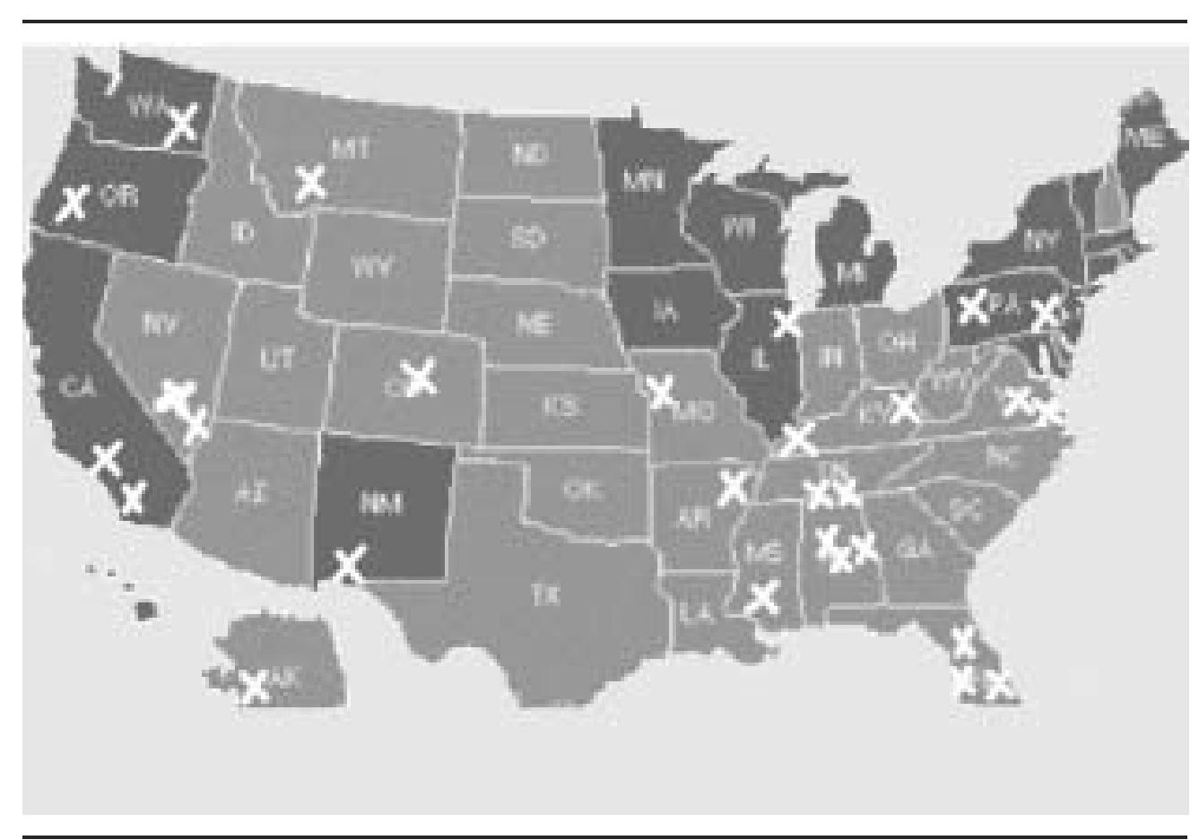 Map of the united states, showing all cases of random school