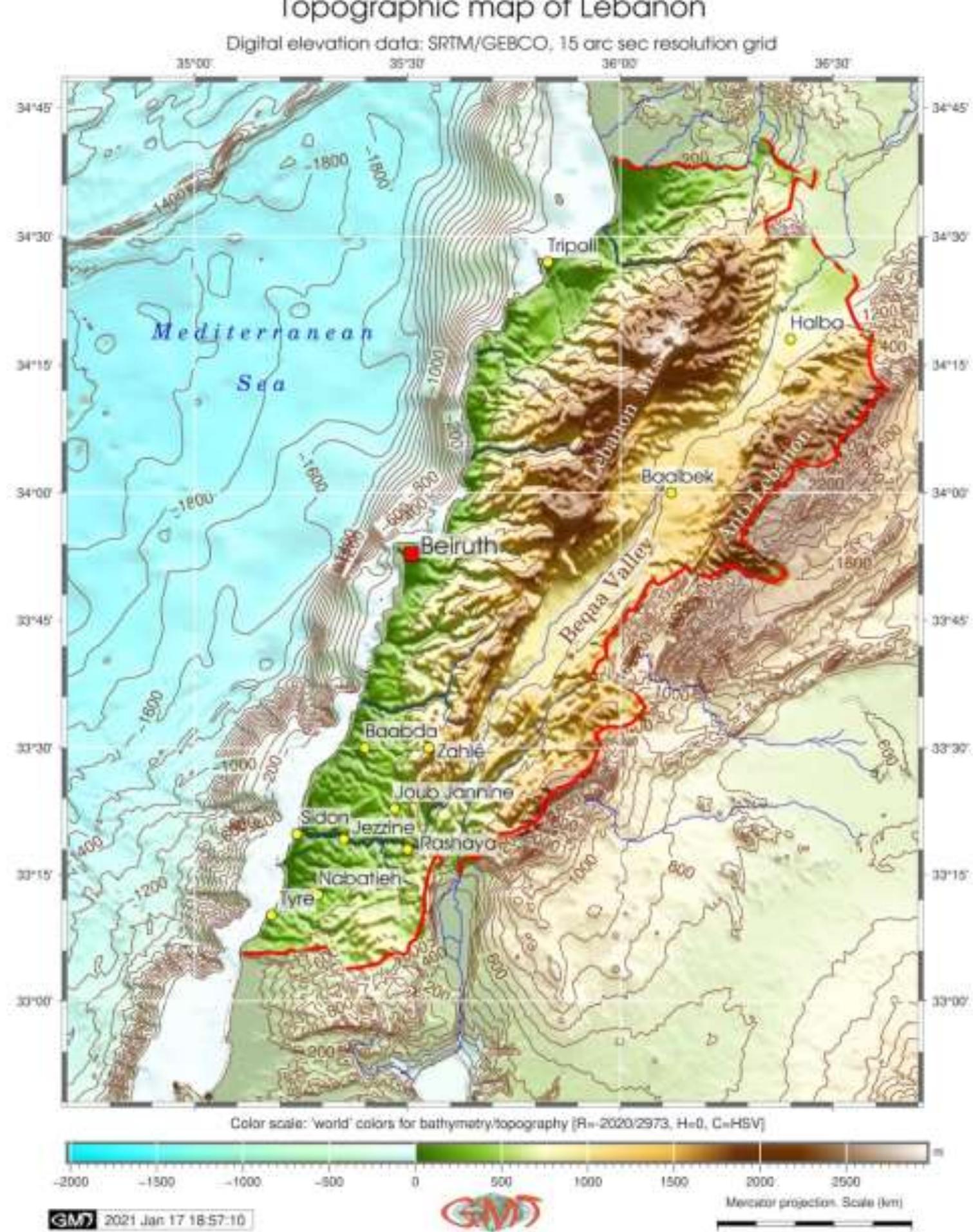 Topographic map of lebanon. data: gebco. technique: clipped