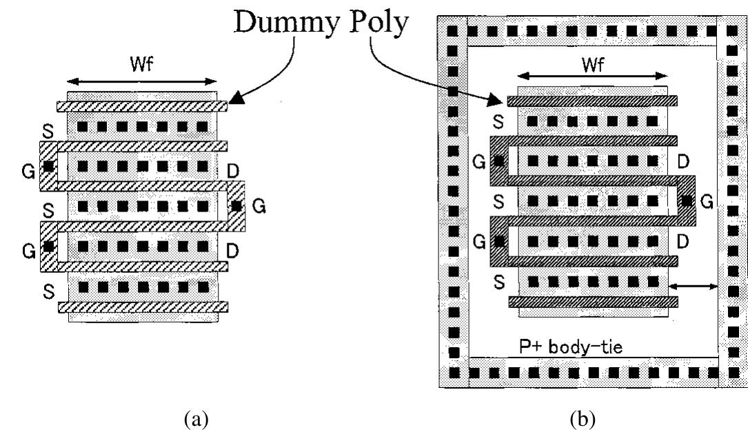 Layout of the rf mosfets implemented in (a) soi and (b)