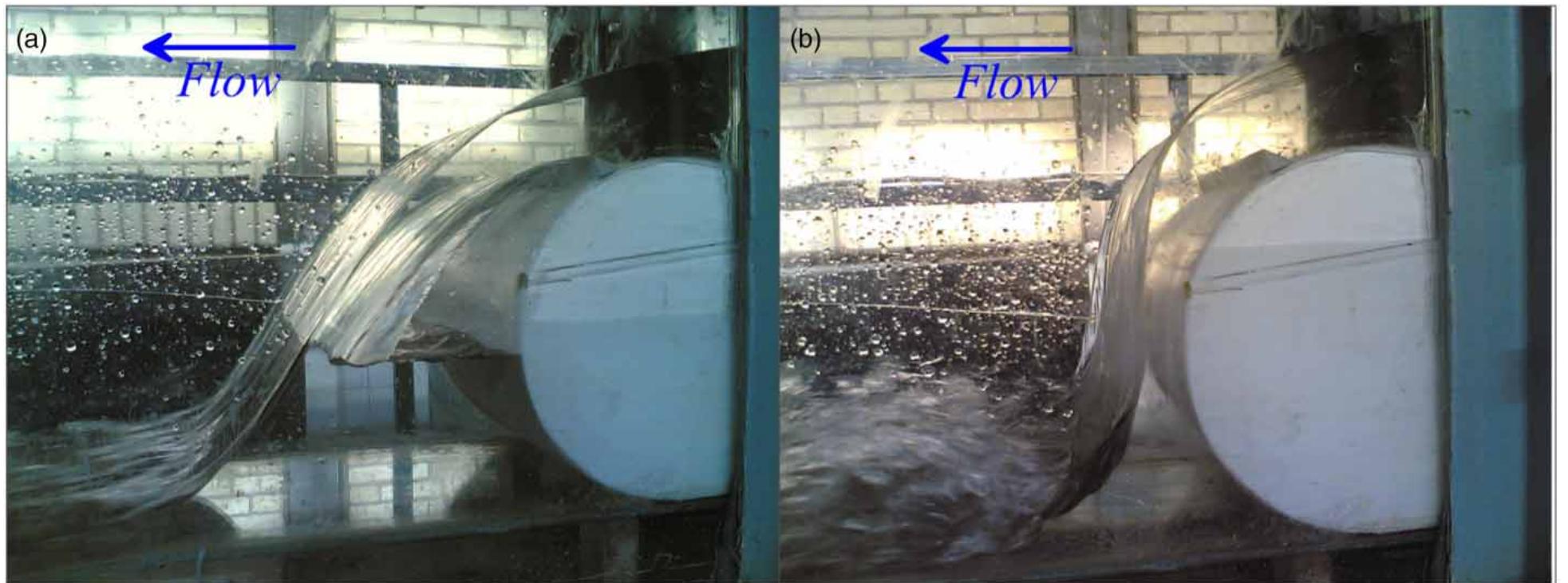 | the overflow of inflatable weir: (a) with aeration; (b)