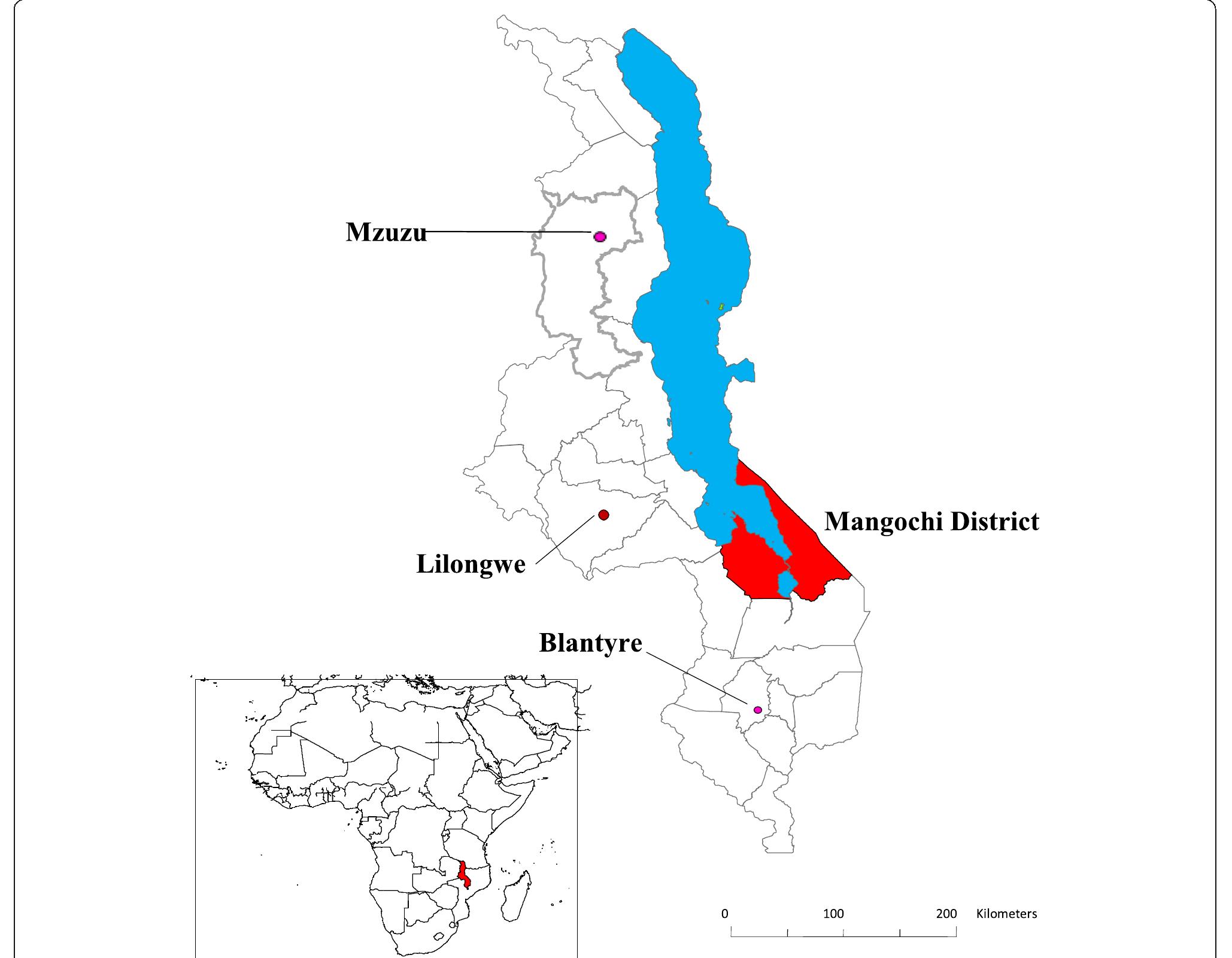 Map of malawi showing locations of mangochi district (in