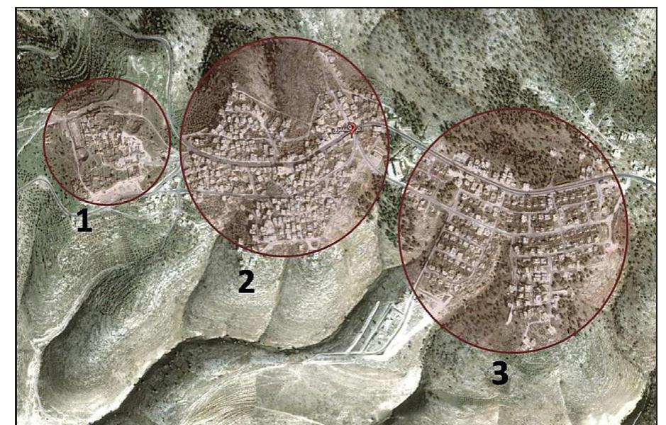 A satellite image of umm qais village. 1. archeological site