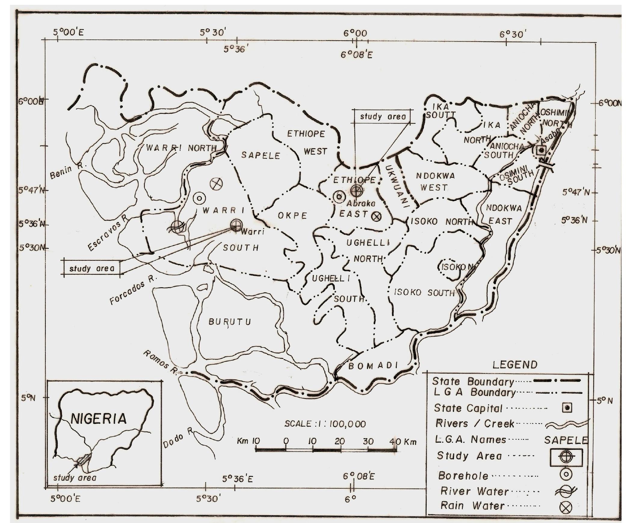 Map of delta state showing local government areas and study