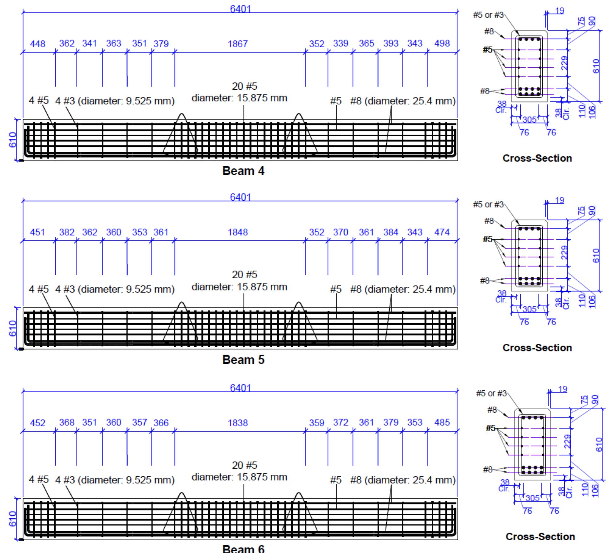 -19 dimensions and reinforcement layouts of beams 4 to 6