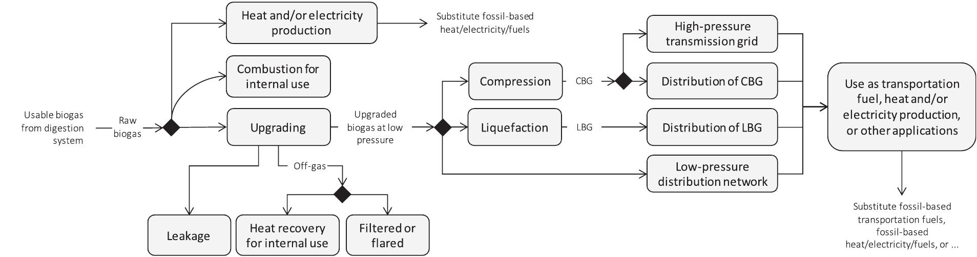 Process flow of the biogas treatment, including upgrading,
