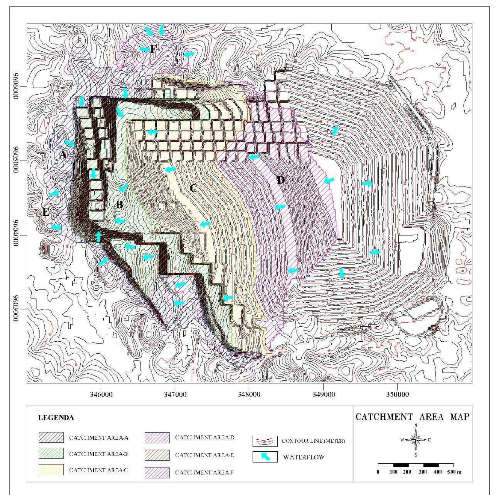 Map of rainfall catchment in mine area, the colour indicates