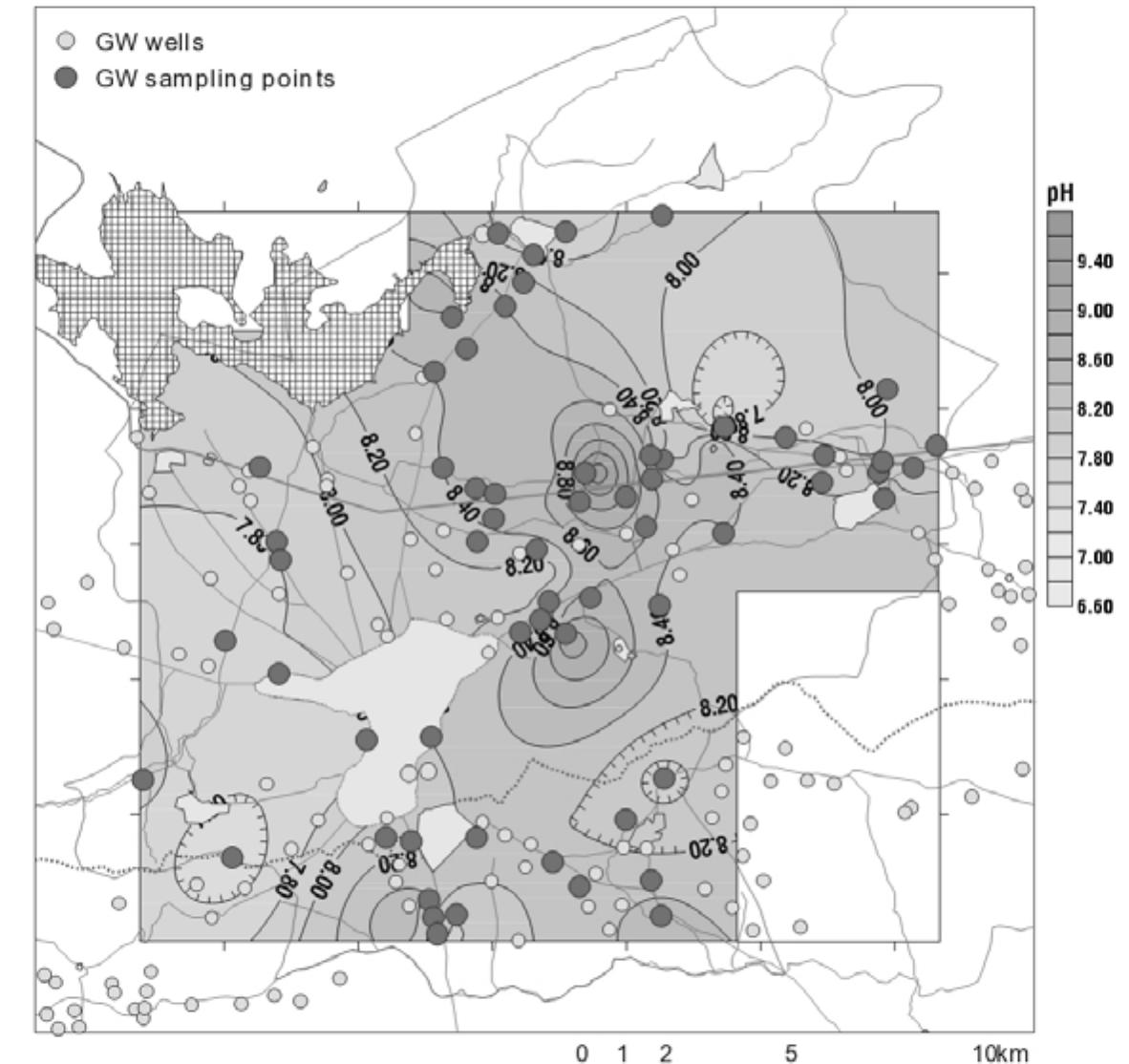Contour maps of ph values using the kriging method. figure