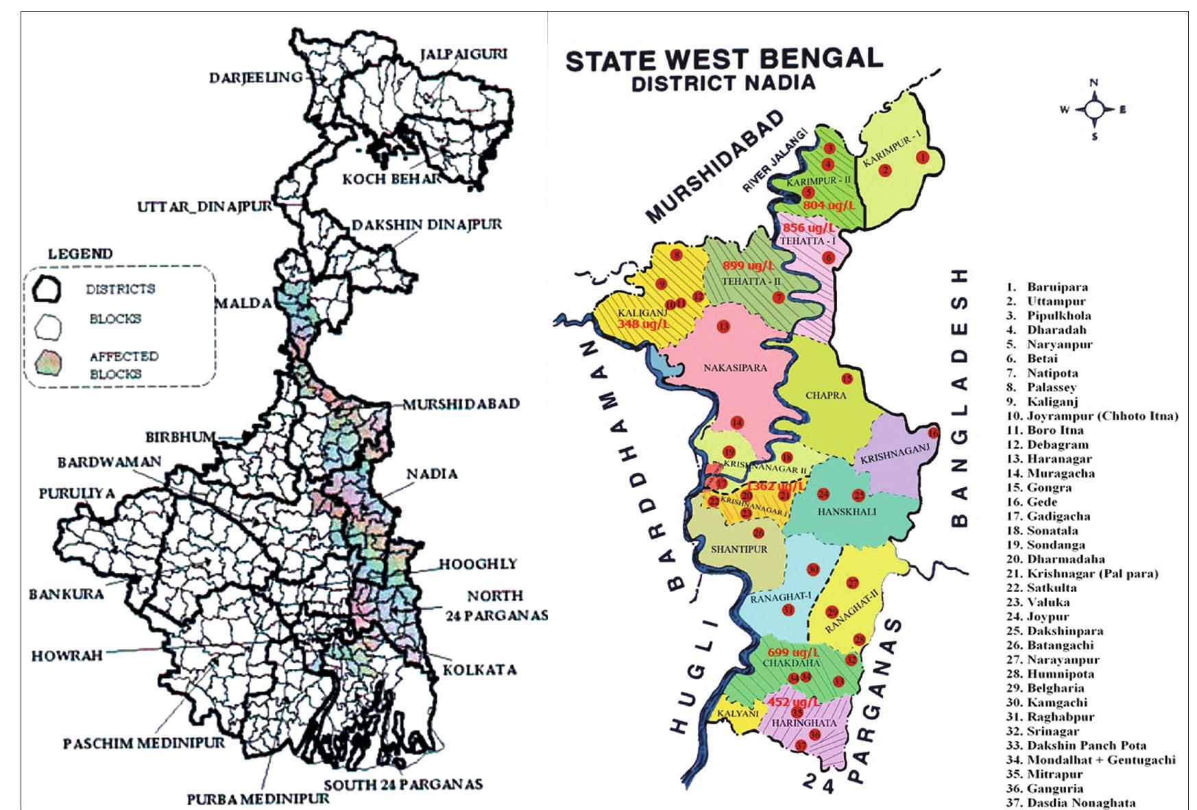 Map of west bengal and district of nadia with location of