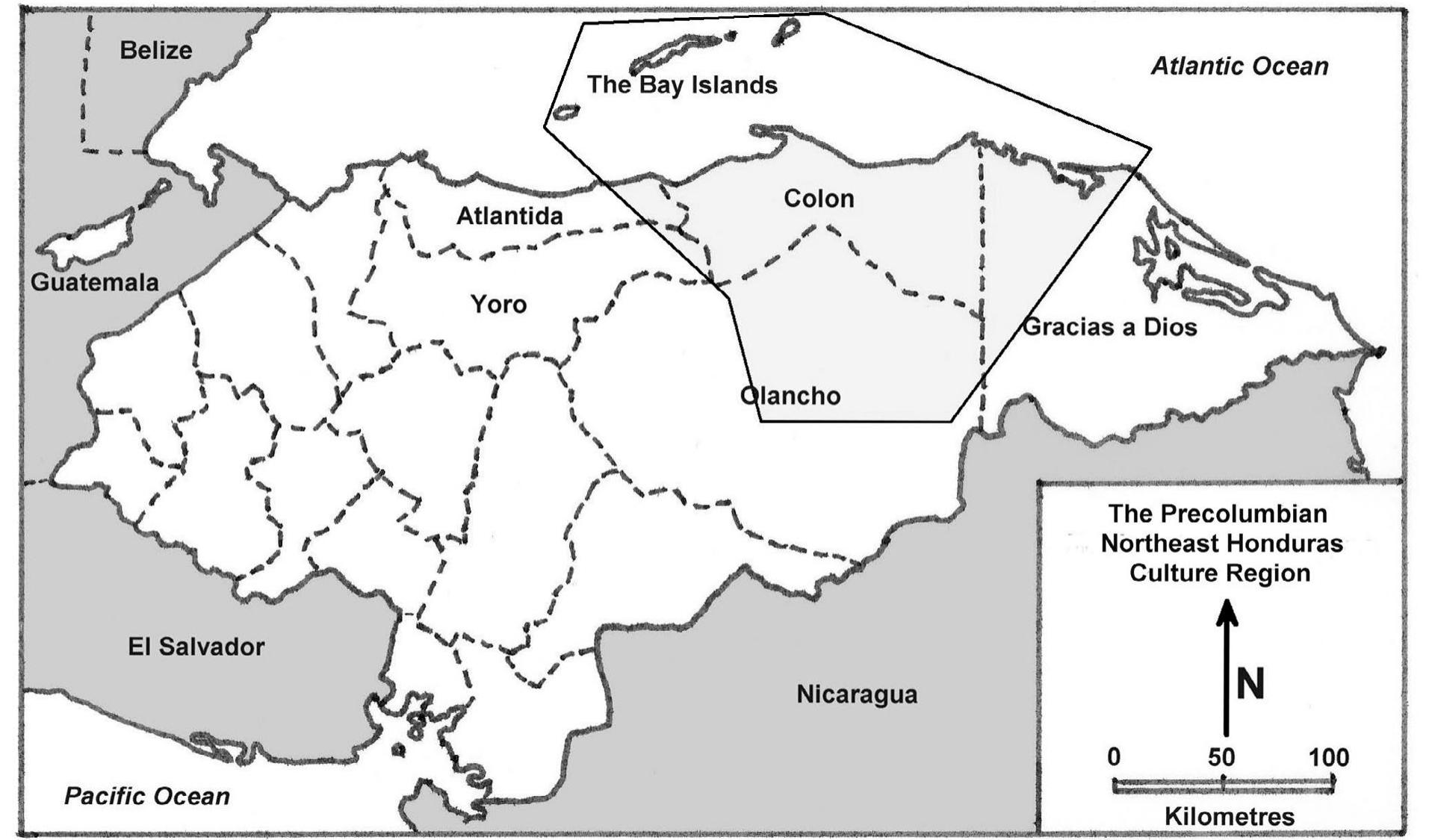 Map of honduras, detailing the northeast honduras region,