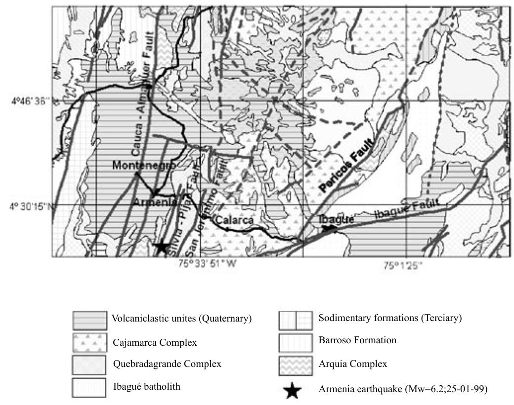 Geologic map of the study area. continuous red lines are