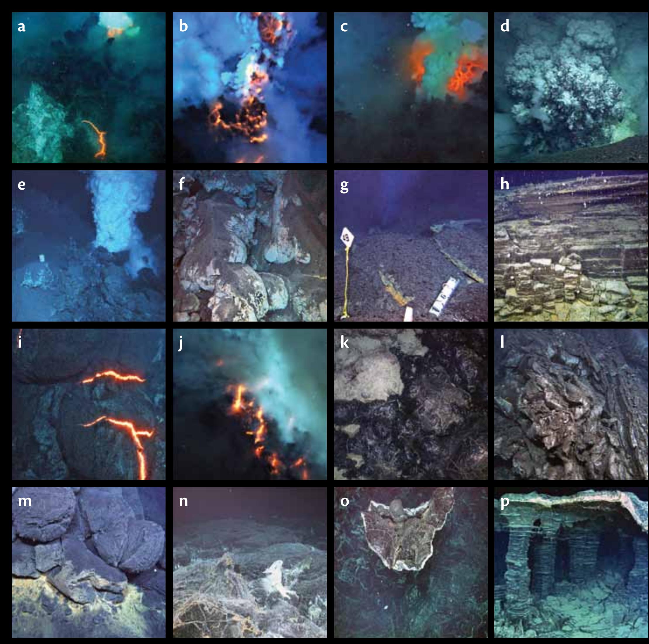 Images of deep-sea eruption styles and products. panels a—h