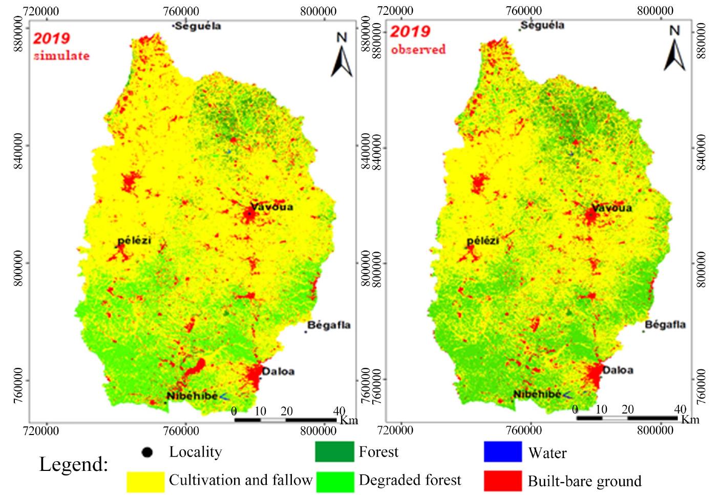 Simulated and observed land cover and land use maps of 2019.