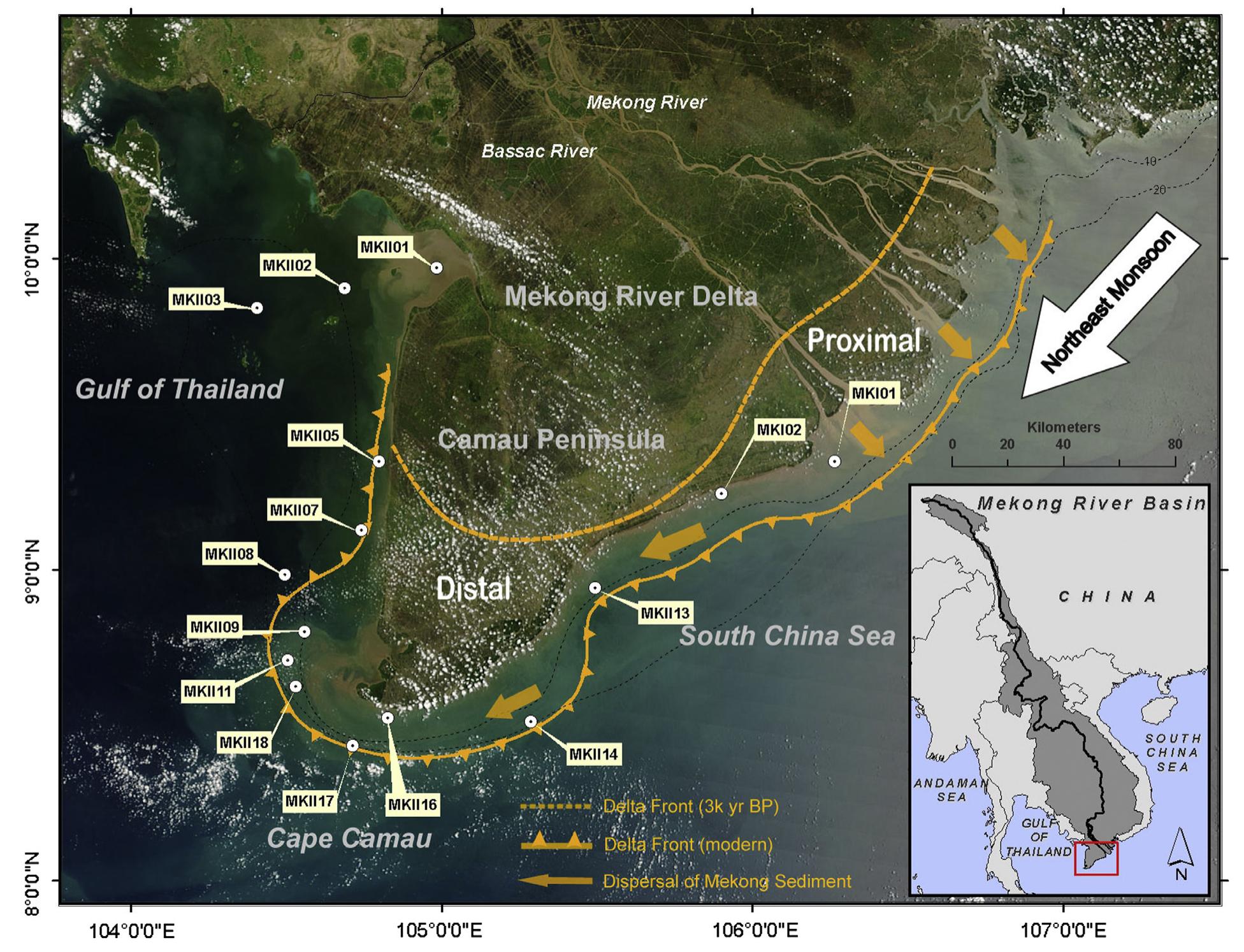 Map of the mekong river delta, positions of gravity cores.