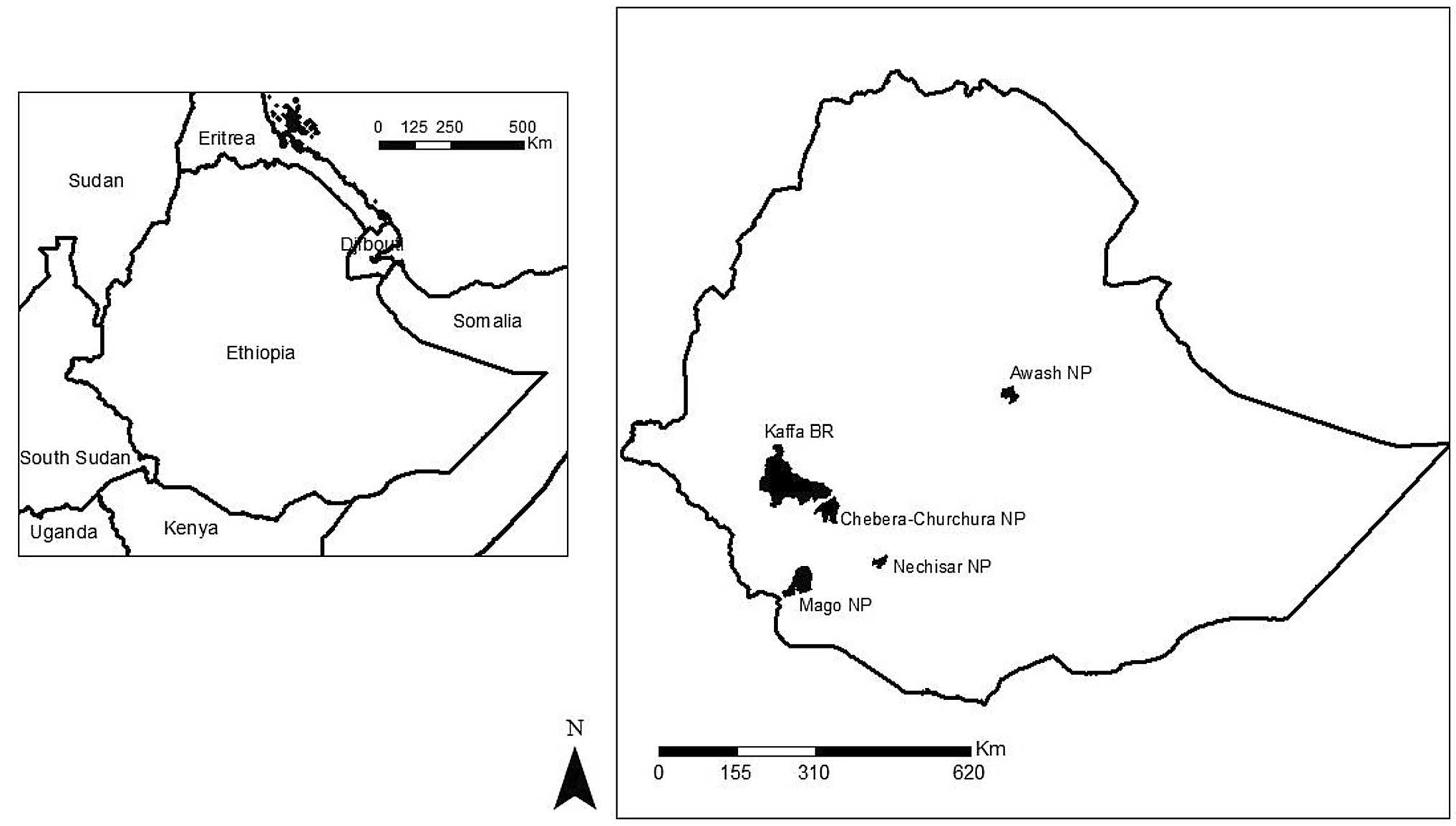 Map of ethiopia showing the location of awash, nechisar,