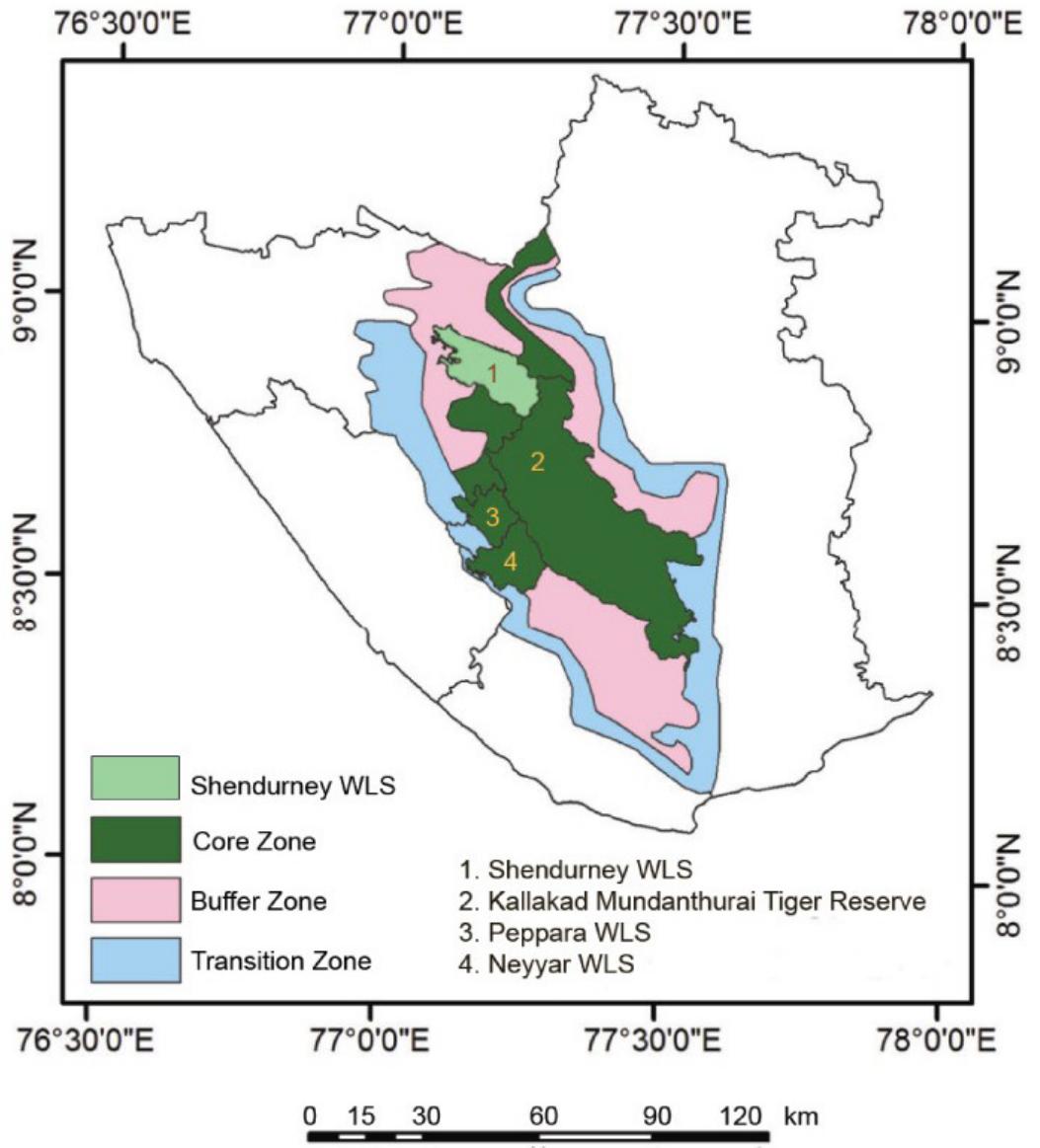 Map of agasthyamalai biosphere reserve, including the
