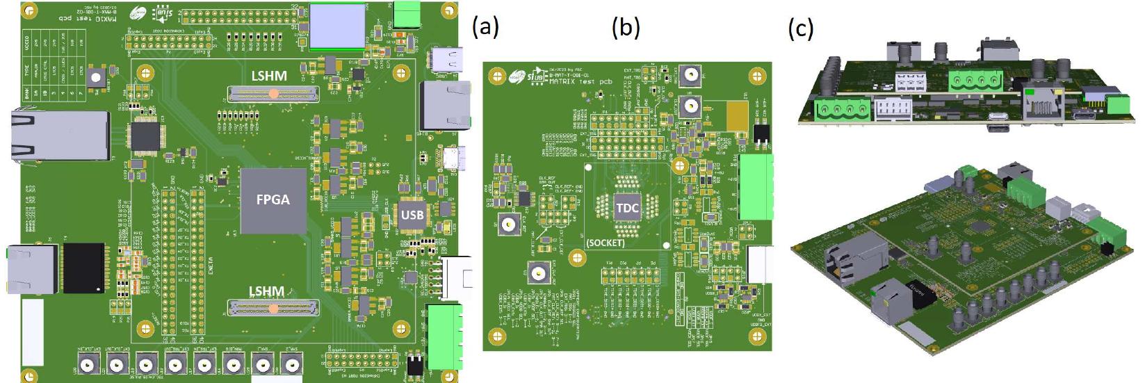 Matrix16 test pcbs. (a) motherboard hosting the max 10 fpga,