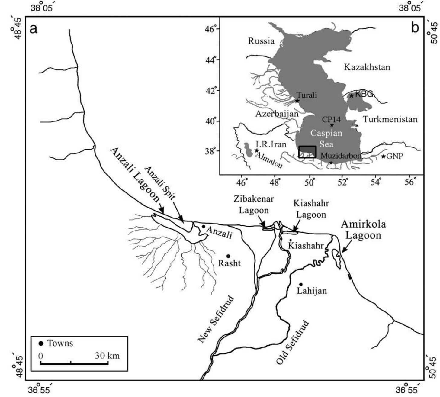 Location maps. 1a: location of the lagoons of anzali and