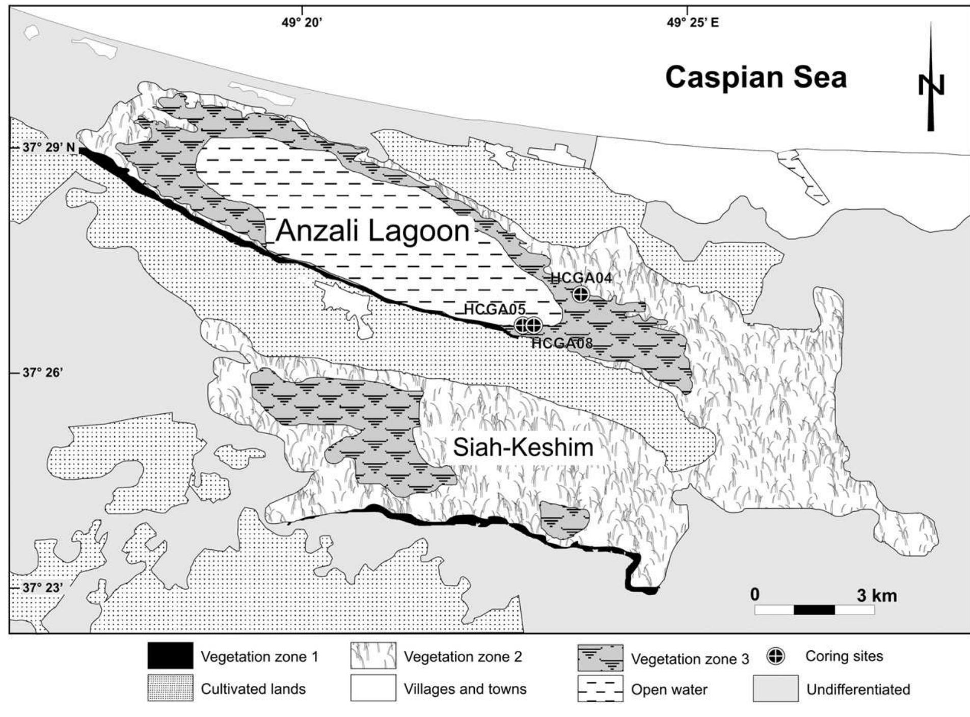 Vegetation map of anzali lagoon with core locations.