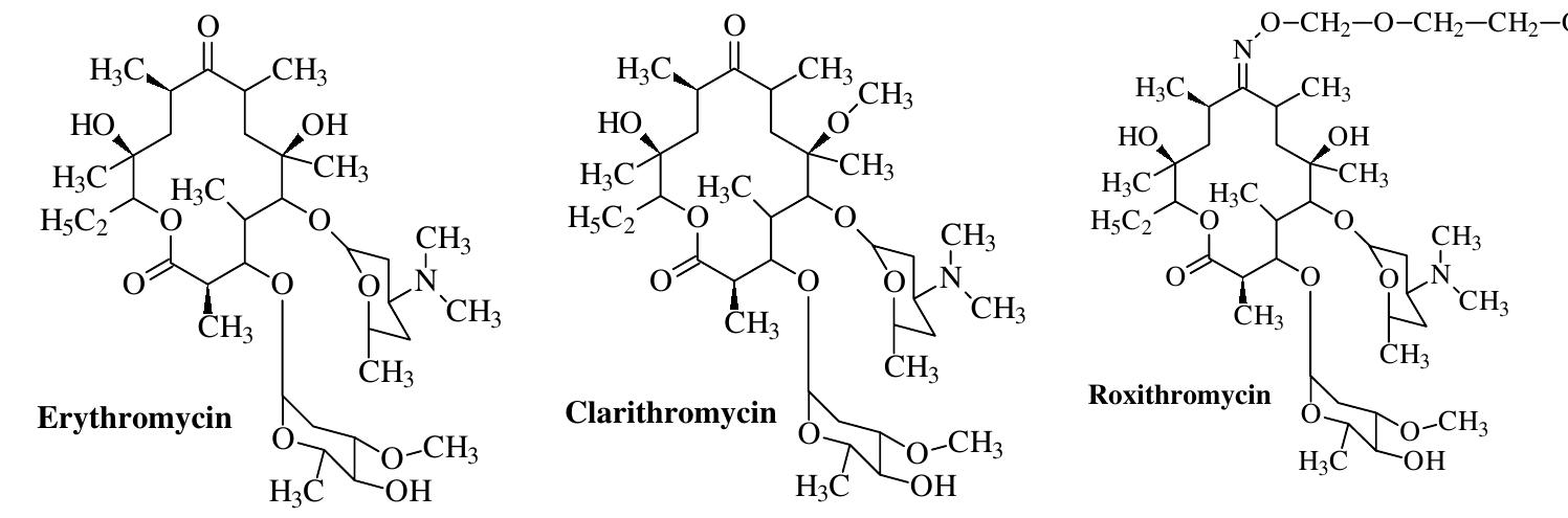 Chemical structure of erythromycin, clarithromycin and