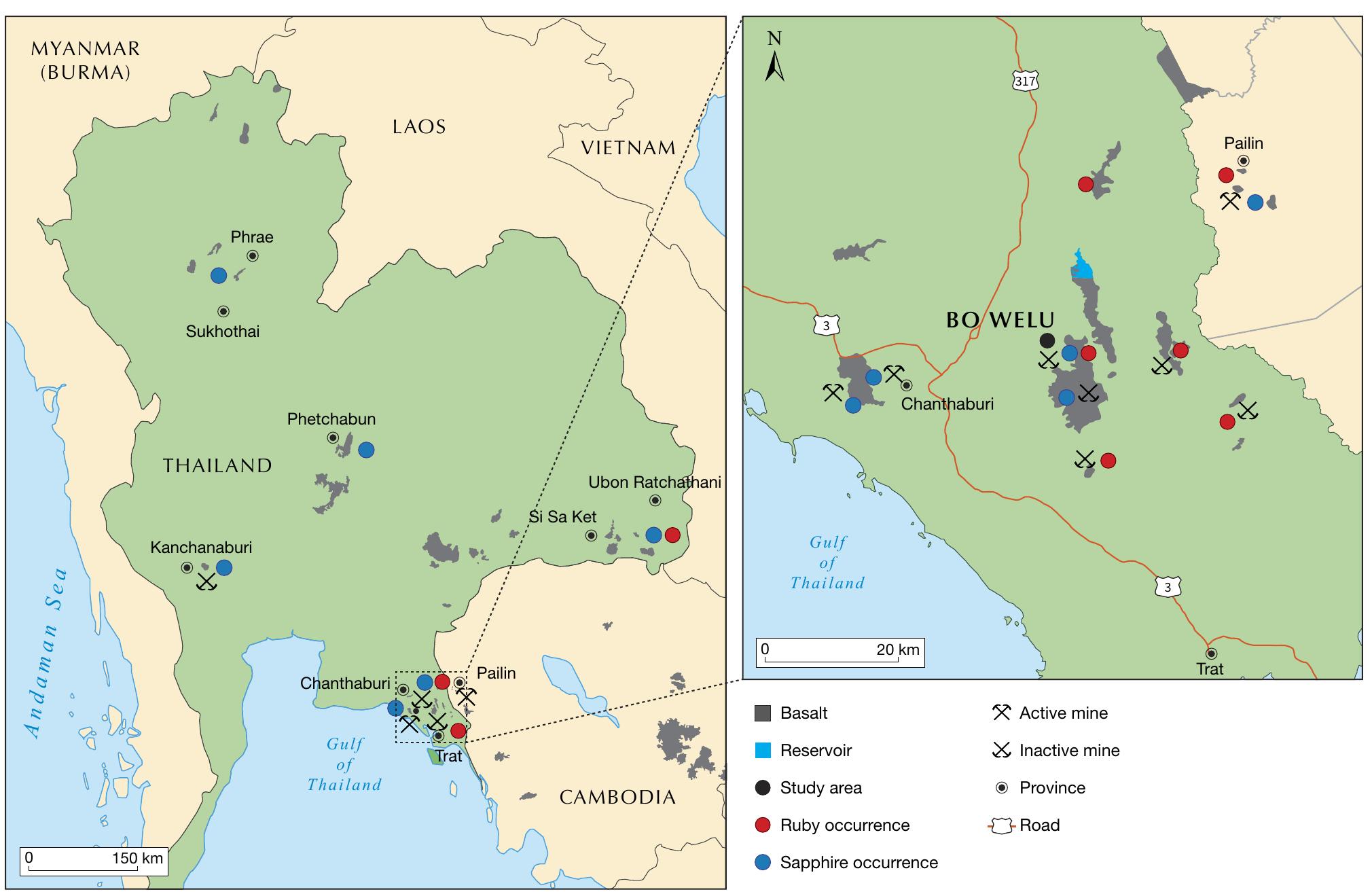 Left: map of thailand showing the distribution of basalt and