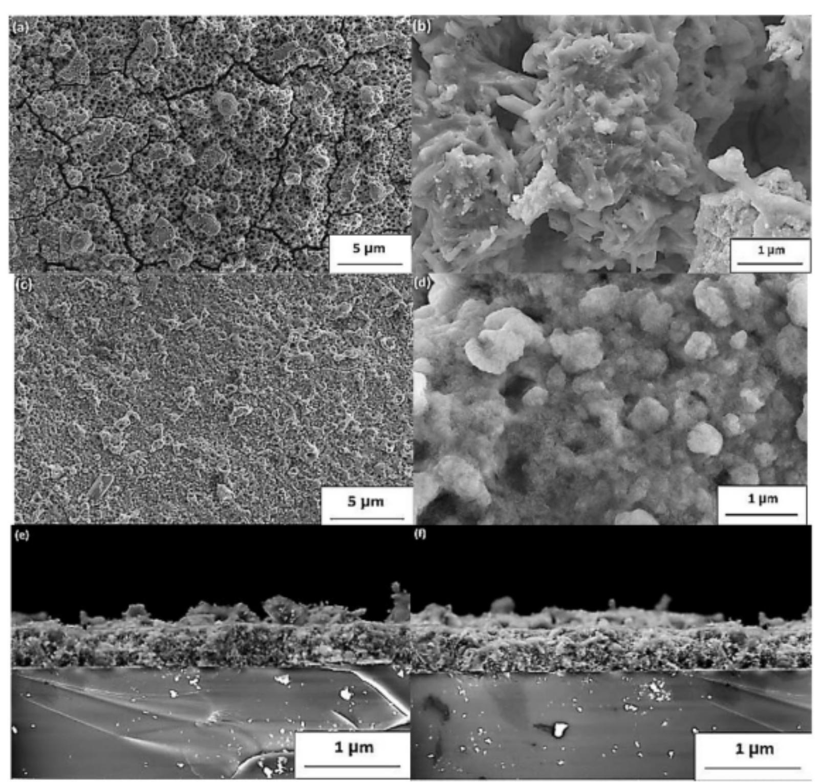 (a-d) sem images and (e,f) cross-section view of the