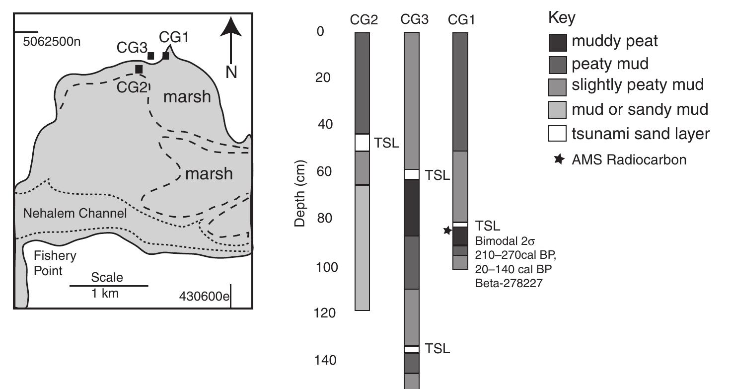 Map of core sites cg1-3 (above) and core logs (below)