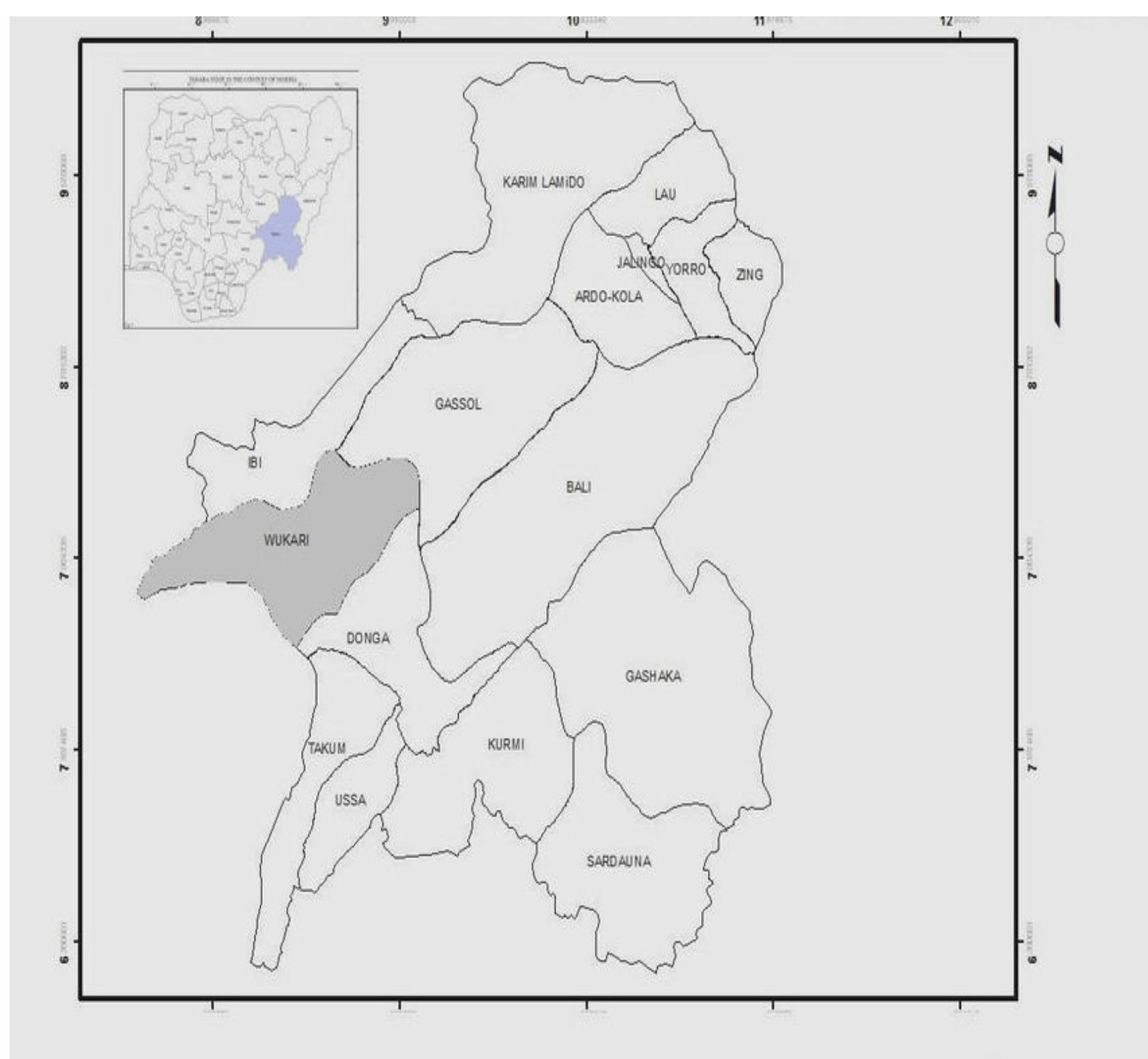 Map of taraba state showing the sixteen local government