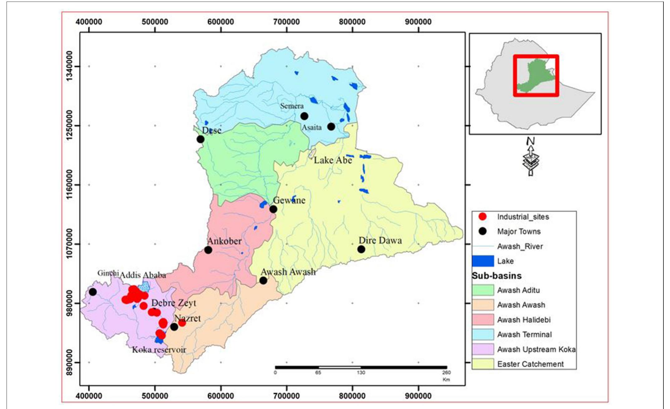 | map of the awash river basin with administrative and basin