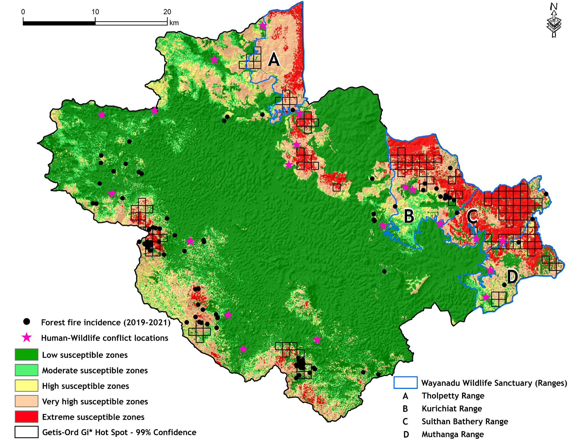 Forest fire susceptible zones of wayanad district. the