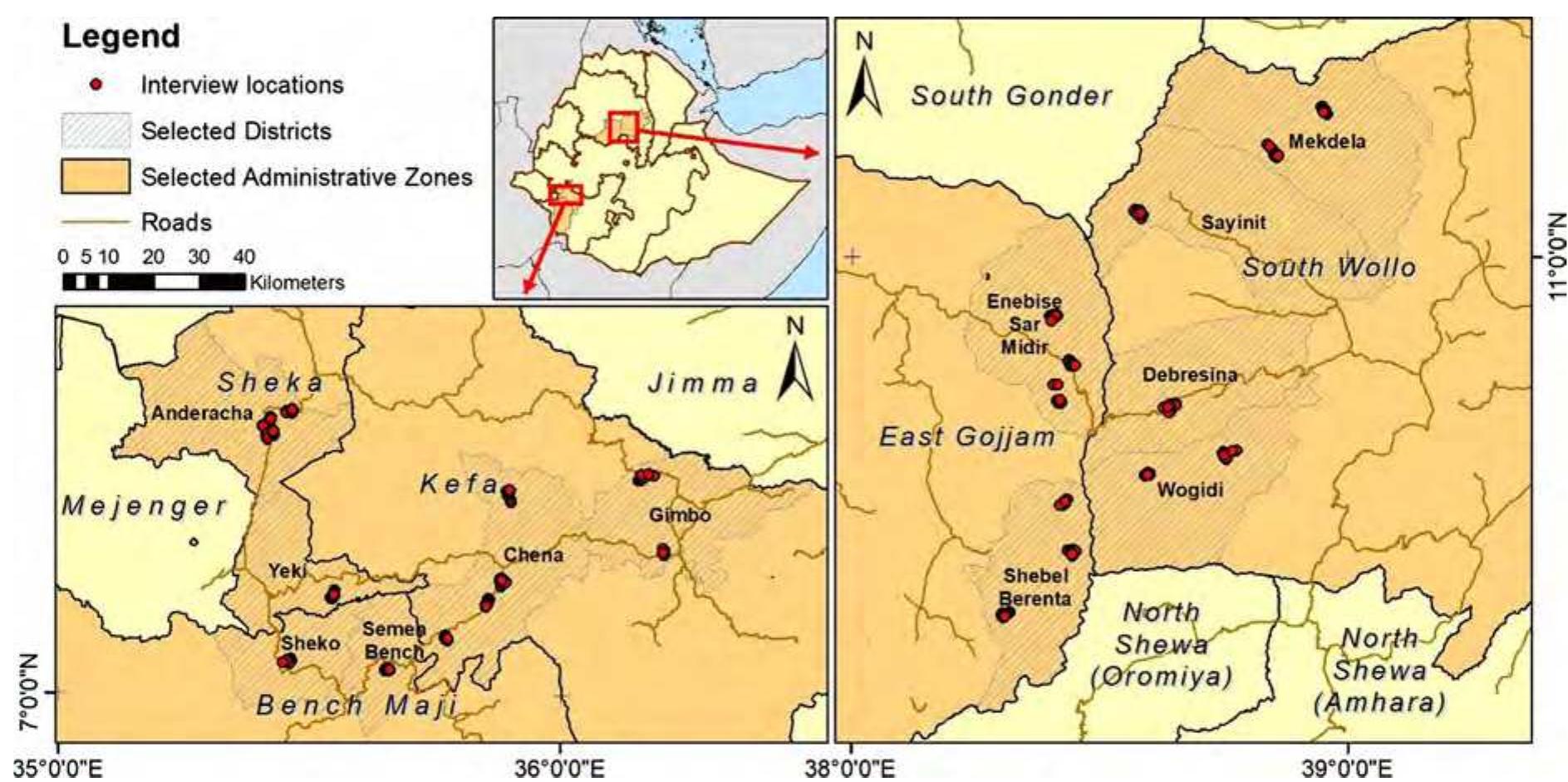 Map of ethiopia showing the study areas, including kefa,