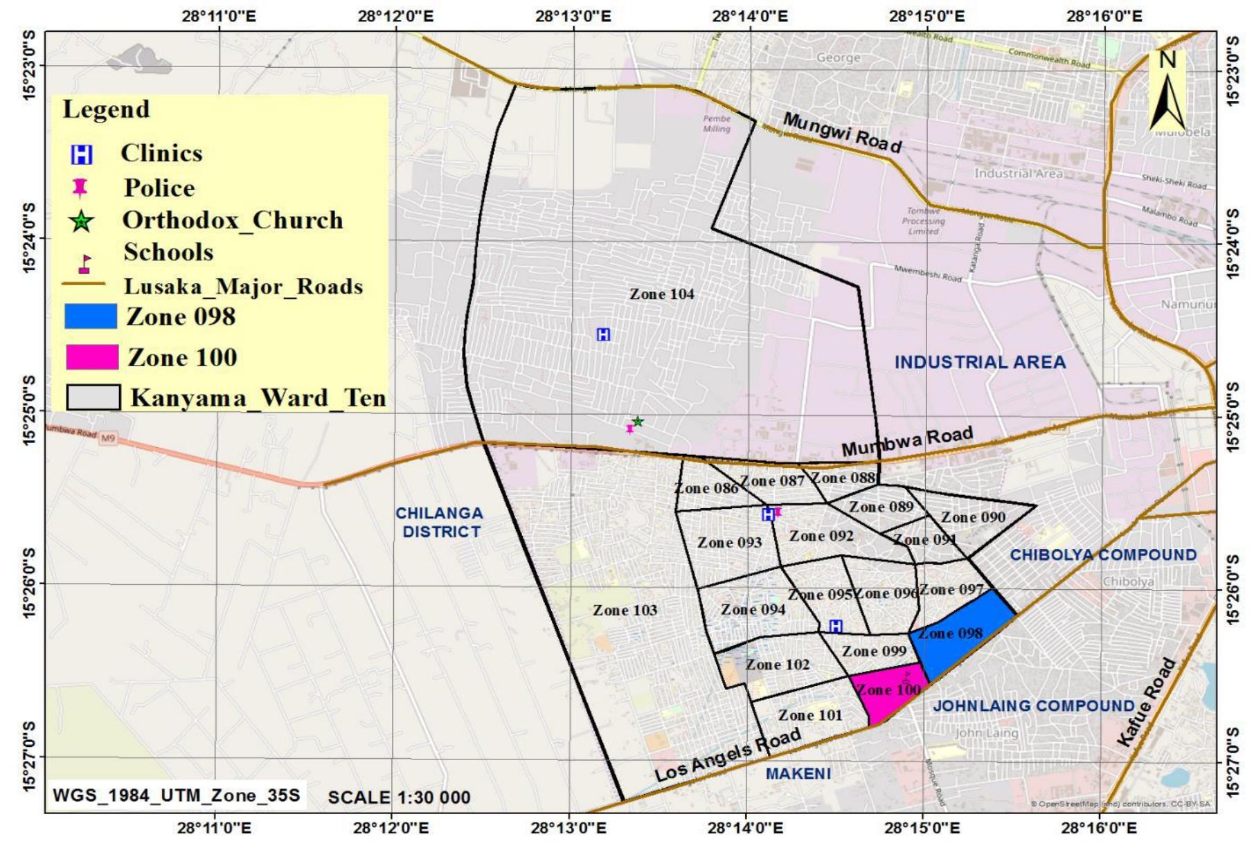 Location of zone 98 and zone 100 in kanyama ward 10 slum in