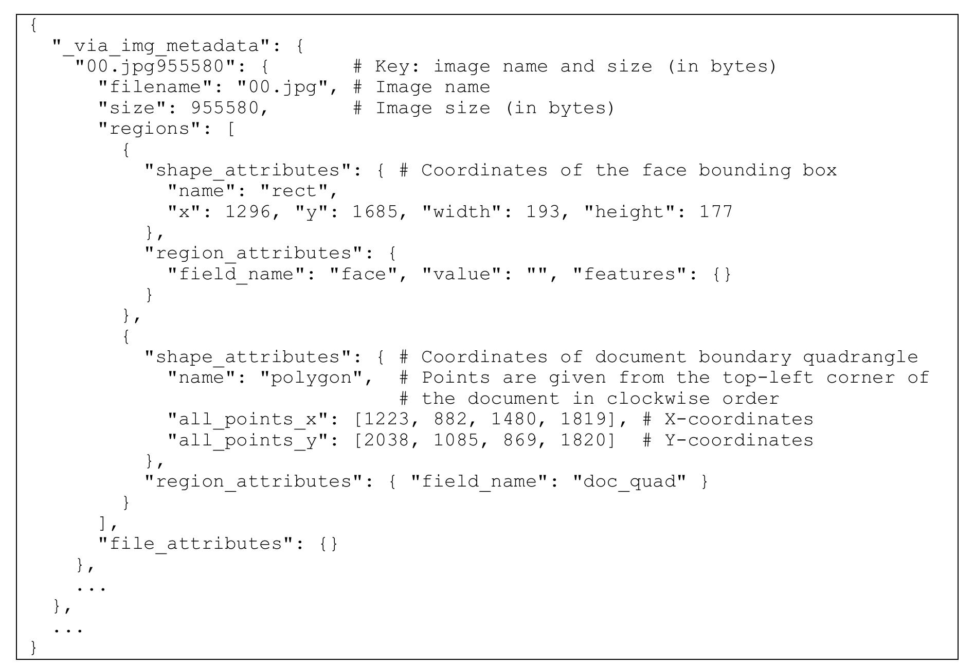 Example of the annotation in json format for scans, photos,